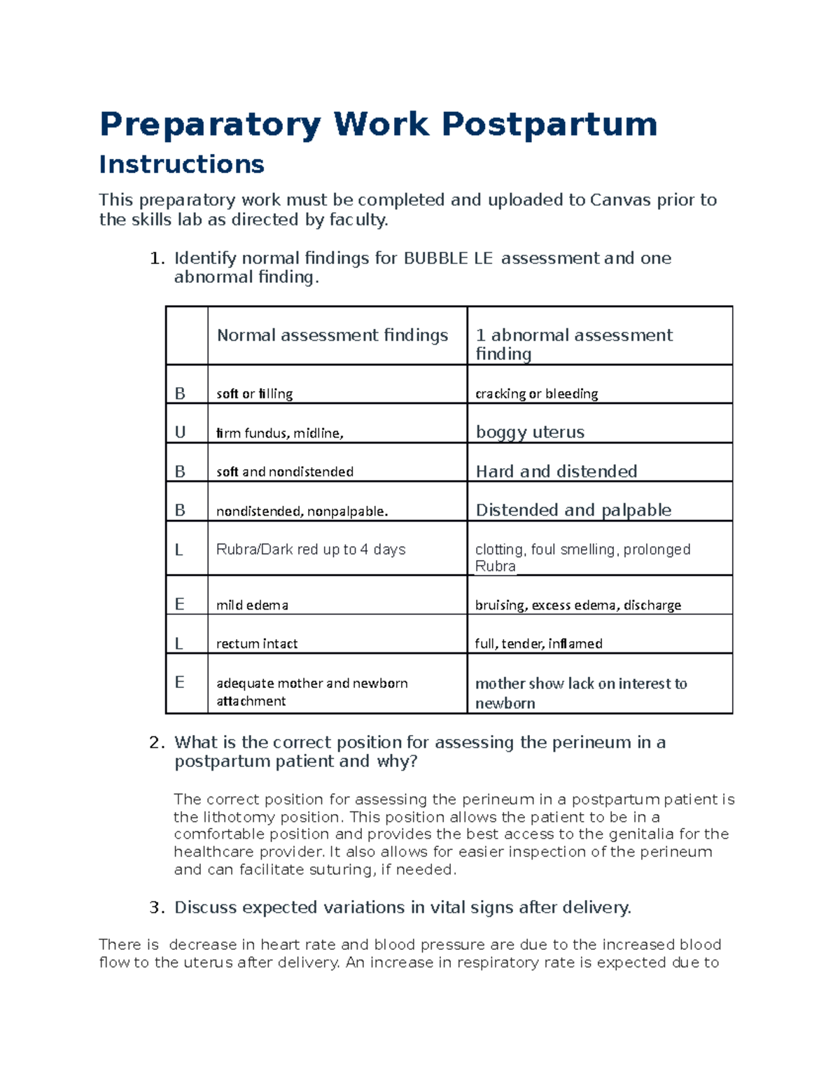 NUR 335L Preparatory Work Postpartum answered - Preparatory Work ...