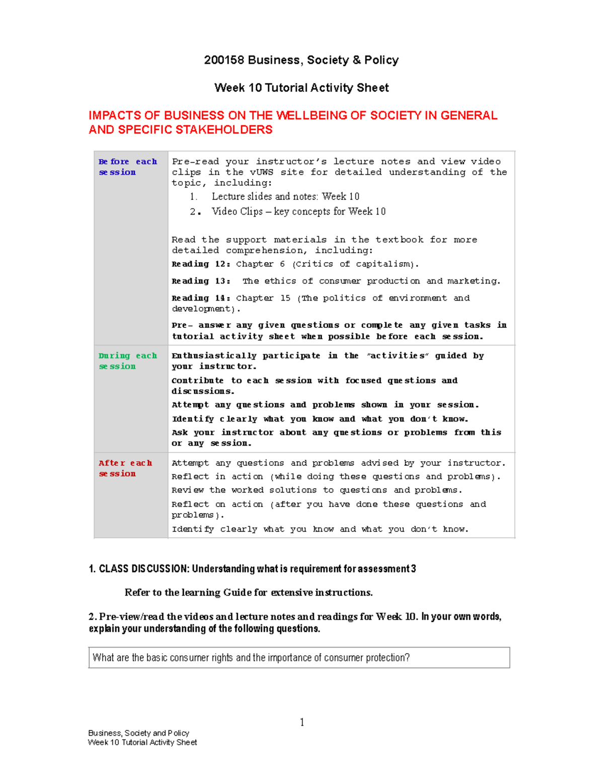 Module 10 - week 10 tut work - 200158 Business, Society & Policy ! Week ...