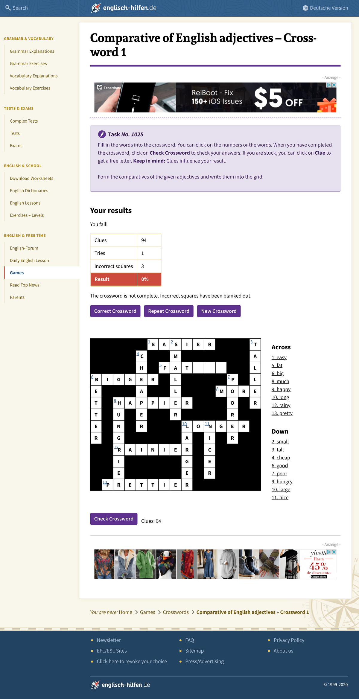 Comparative of English adjectives - Crossword 1 - Englisch-hilf E A S I ...