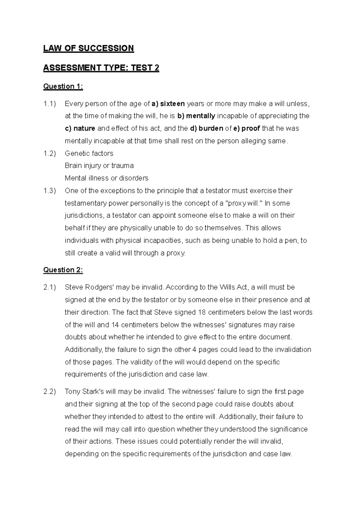 LAW OF Succession Test 2 2023 answers - LAW OF SUCCESSION ASSESSMENT ...
