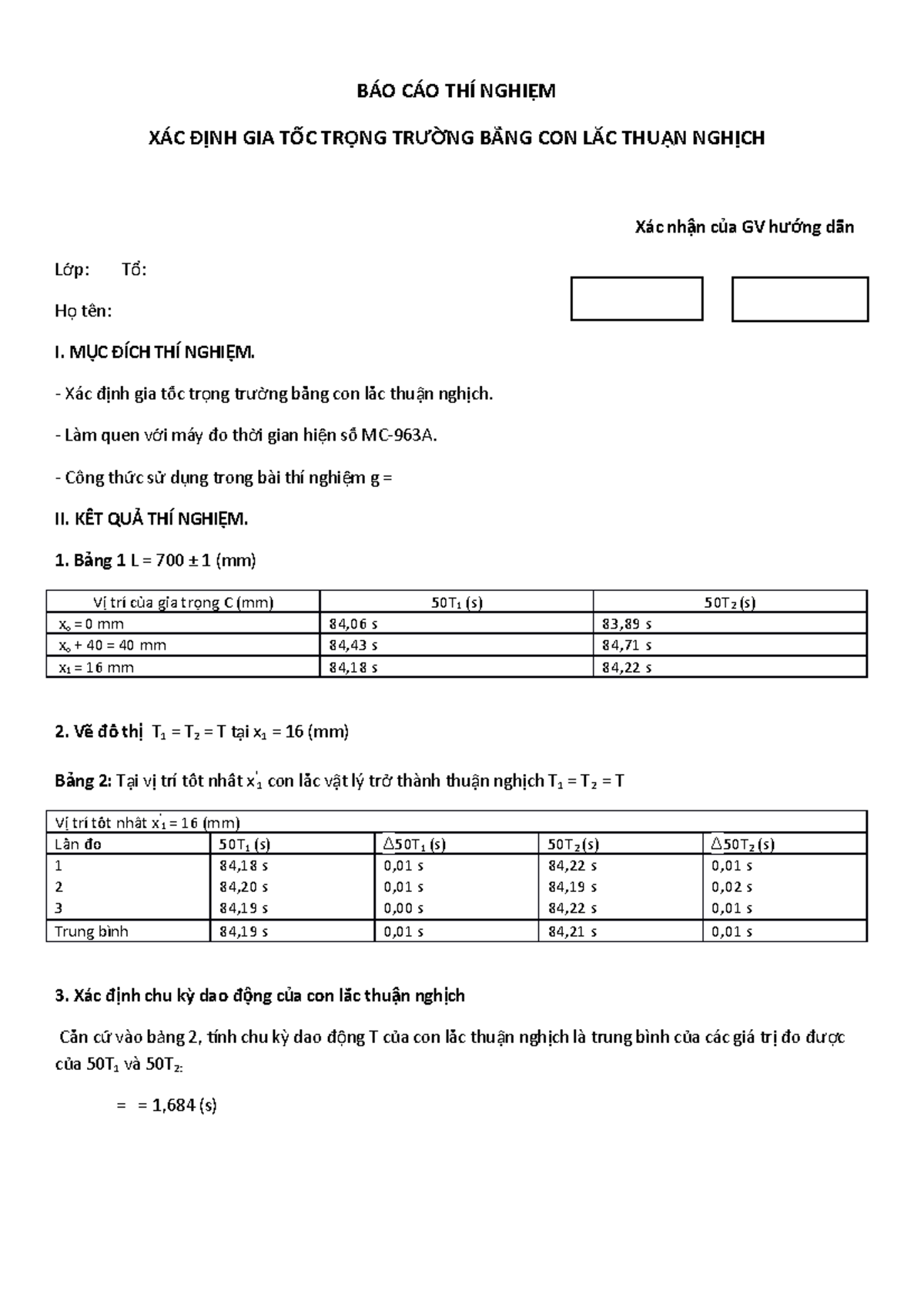Bai2 - báo cáo thí nghiệm - BÁO CÁO THÍ NGHI MỆ XÁC Đ NH GIA TỐỐC TR NG TR NG BẰẰNG CON LẰỐC THU ...