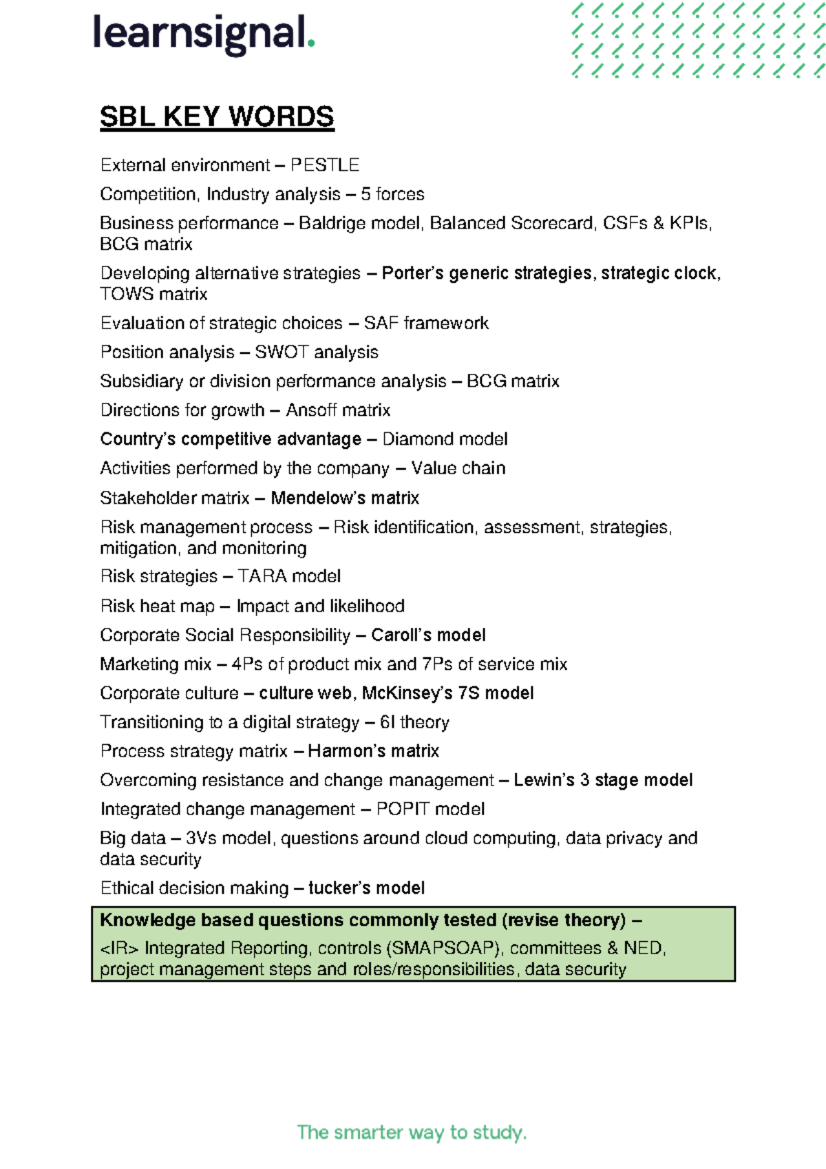SBL key words - Summary Risk & treasury management - SBL KEY WORDS ...
