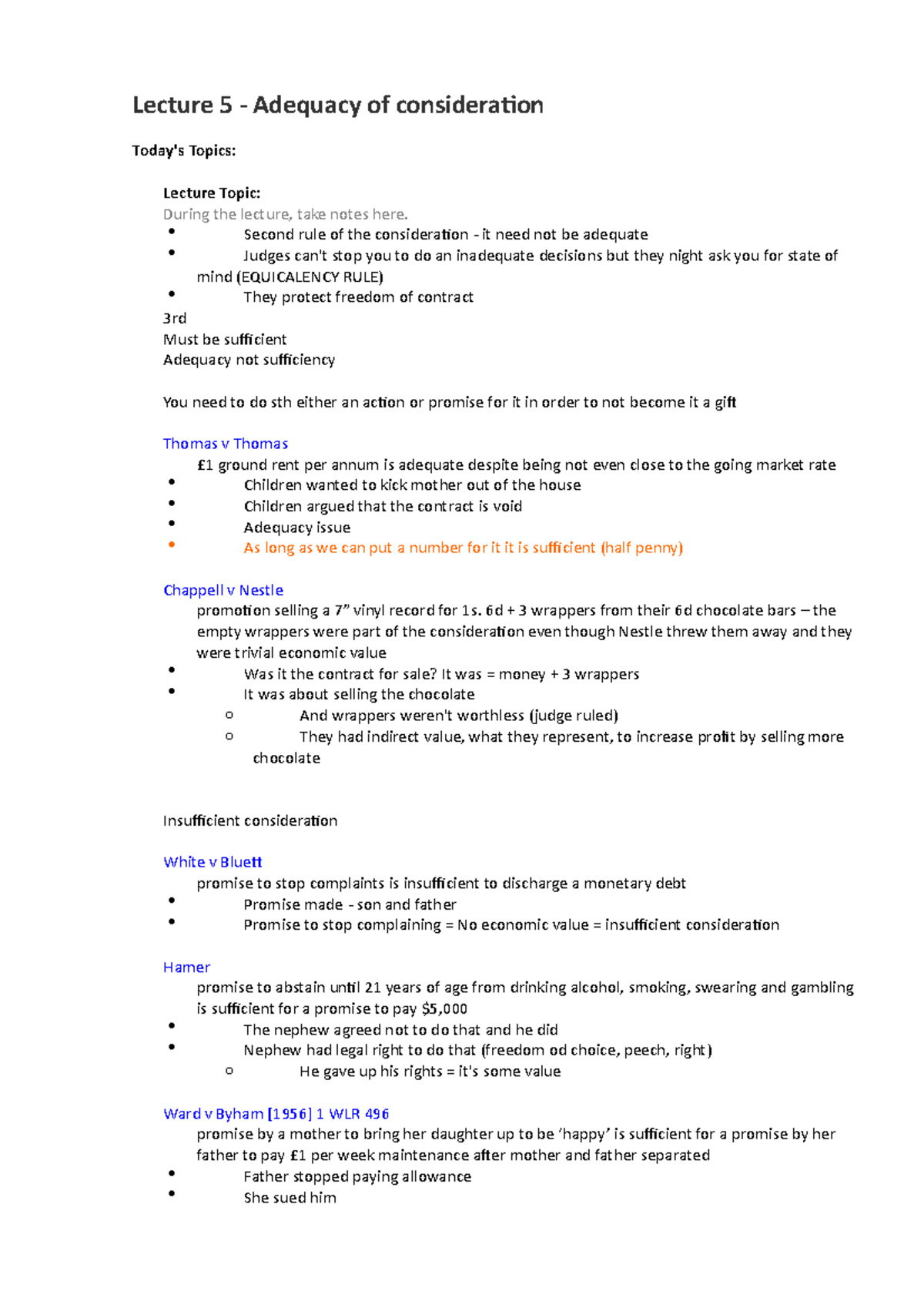 Lecture 5 - Adequacy of consideration - Lecture 5 - Adequacy of ...