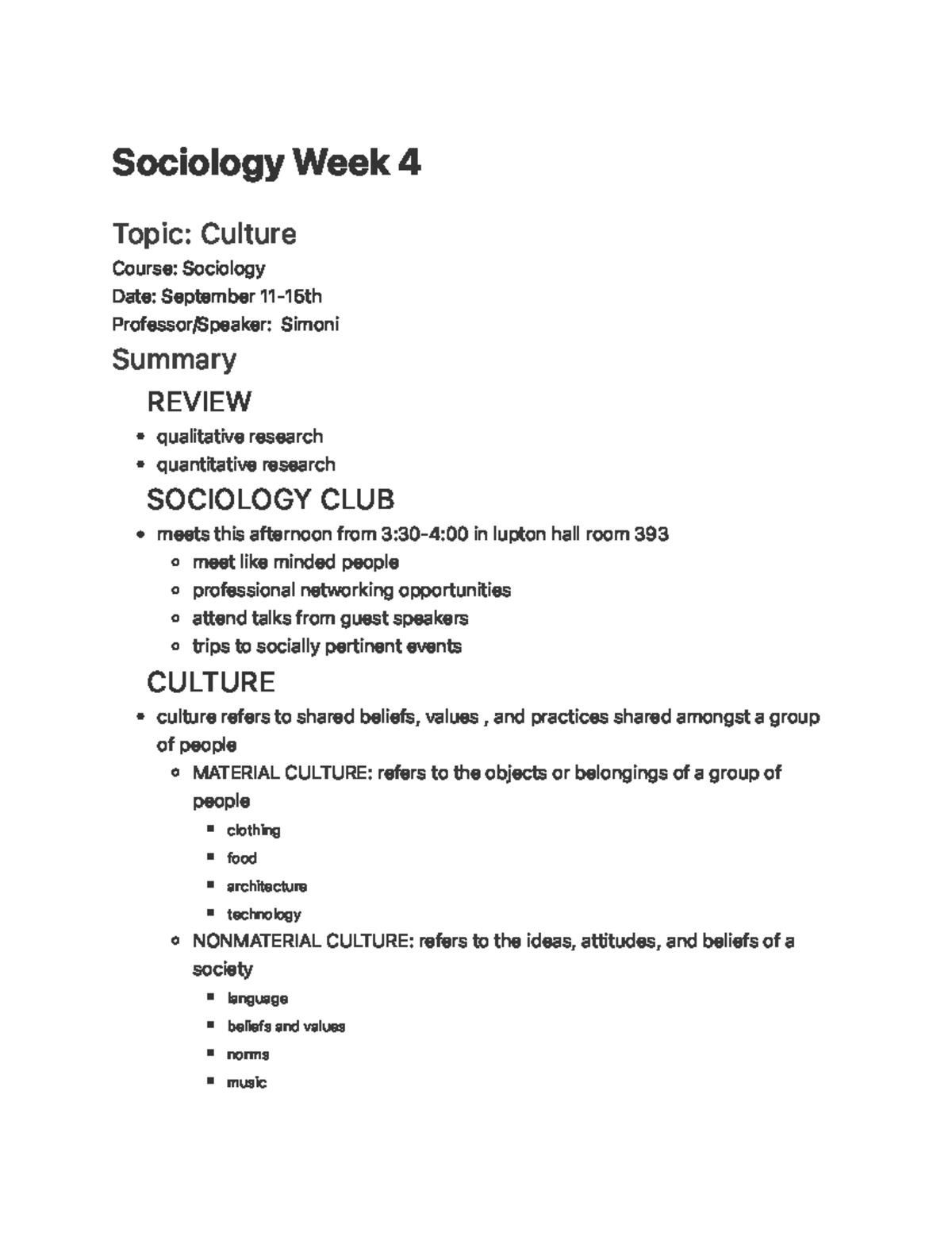 Sociology Week 4 - Week 4 notes about culture - Sociology Week 4 Topic ...