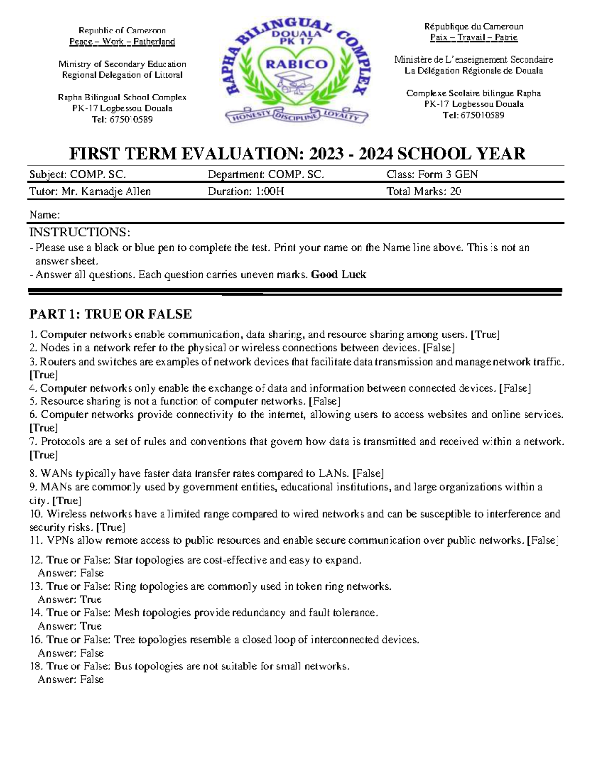 Evaluation on Networks - FIRST TERM EVALUATION: 202 3 - 2024 SCHOOL YEAR Subject: COMP. SC ...