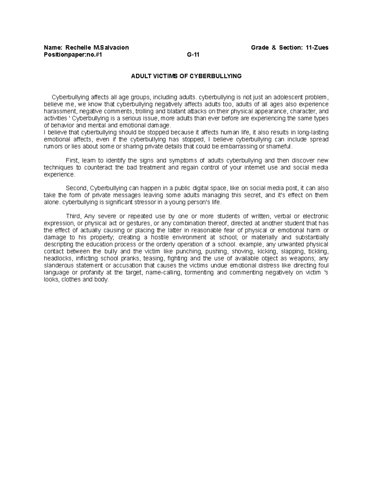 Position paper no. #1 - Name: Rechelle M Grade & Section: 11-Zues ...