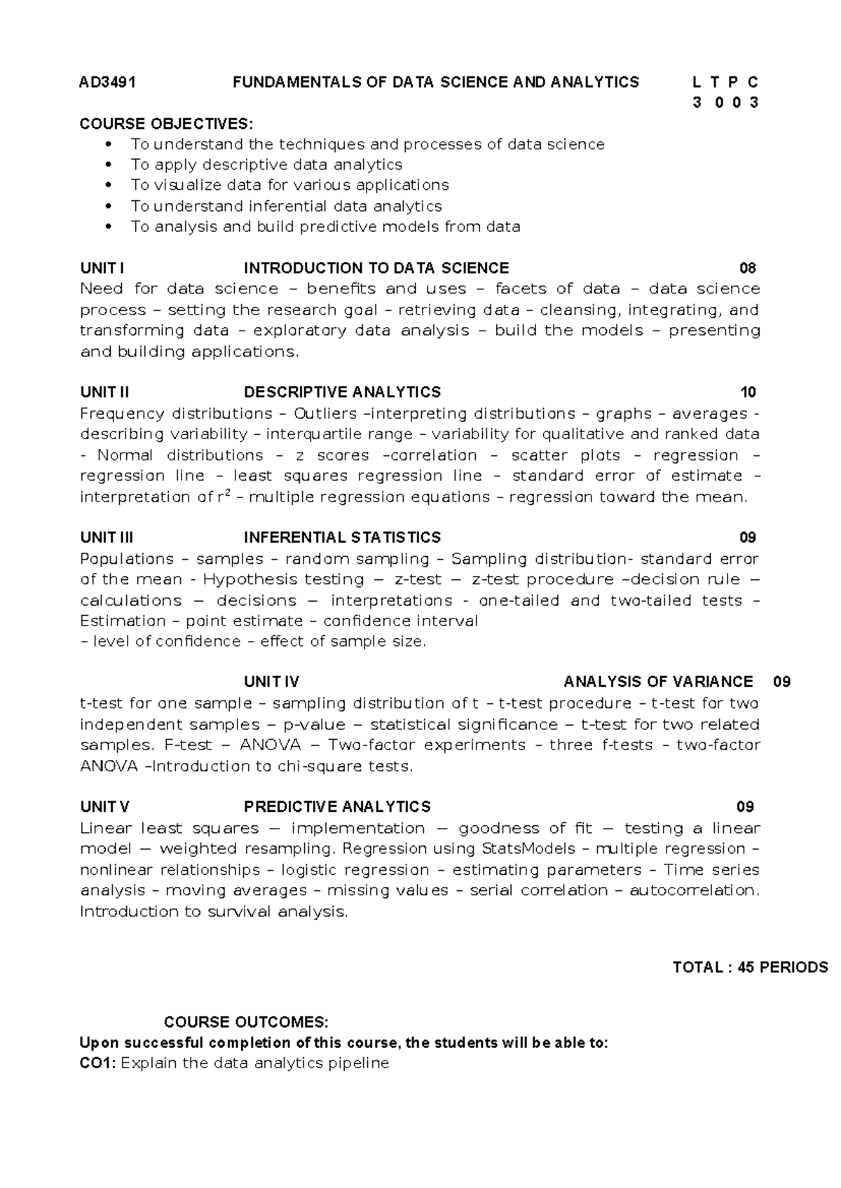 Fds Syllabus Lecture Notes Ad3491 Fundamentals Of Data Science And Analytics L T P C 3 0 0 3
