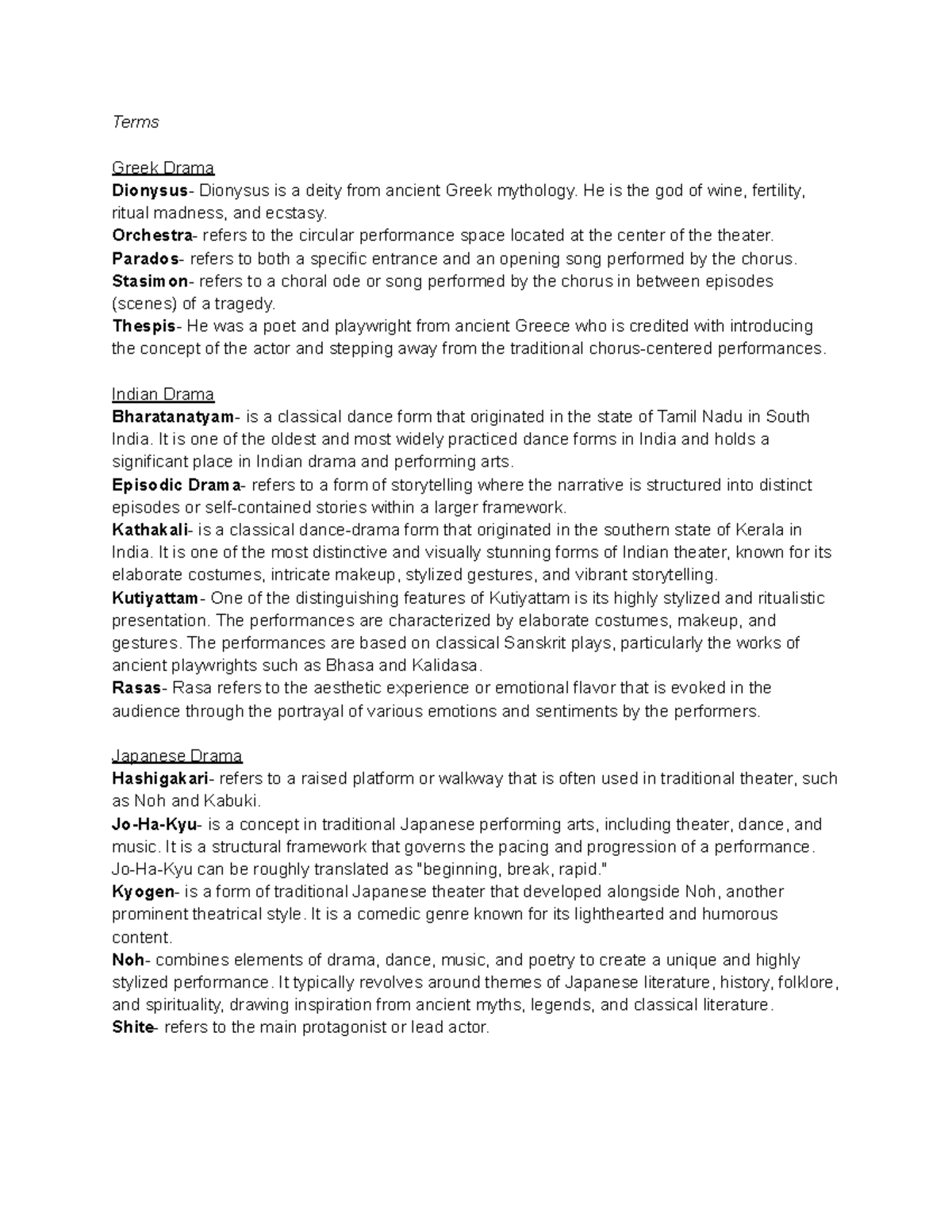 Theatre final - Summary of Historic terms - Terms Greek Drama Dionysus ...