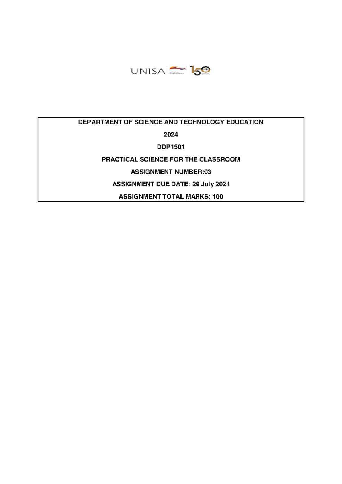 DDP1501 Assignment - For UNISA students - DEPARTMENT OF SCIENCE AND ...