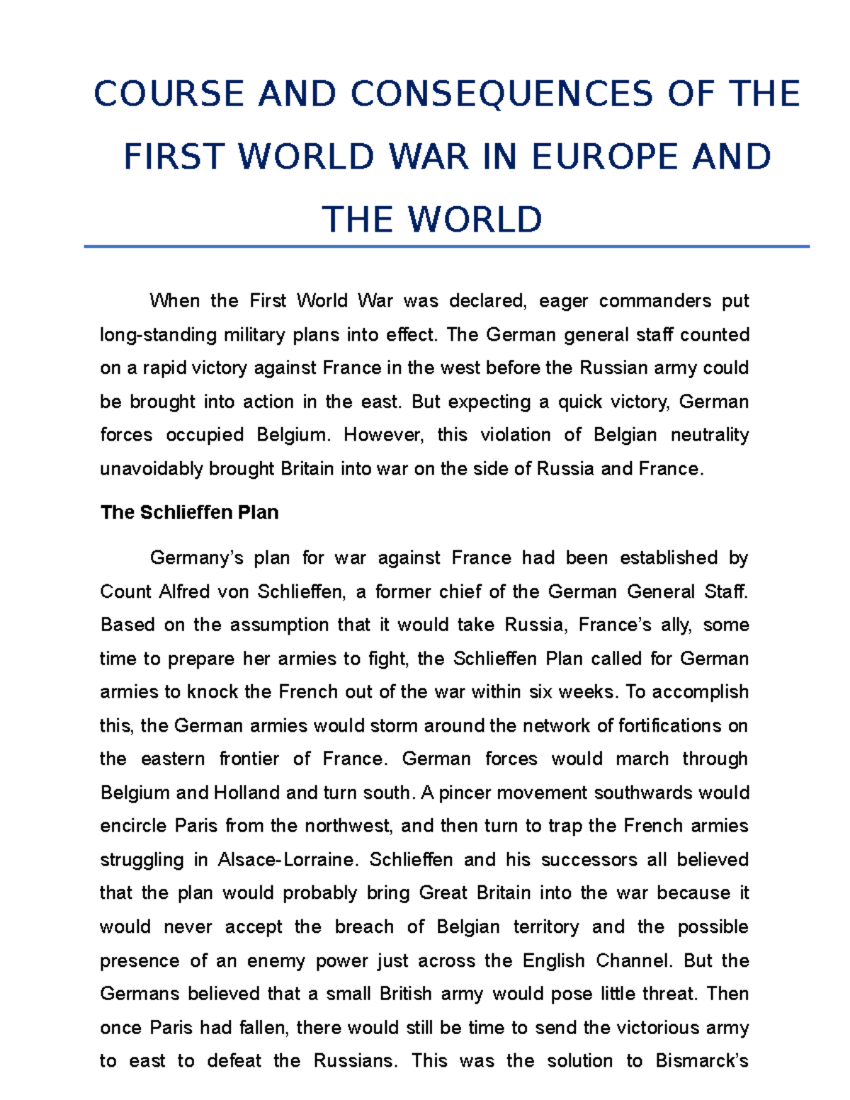 Course AND Consequences OF THE First World WAR IN Europe AND THE World ...