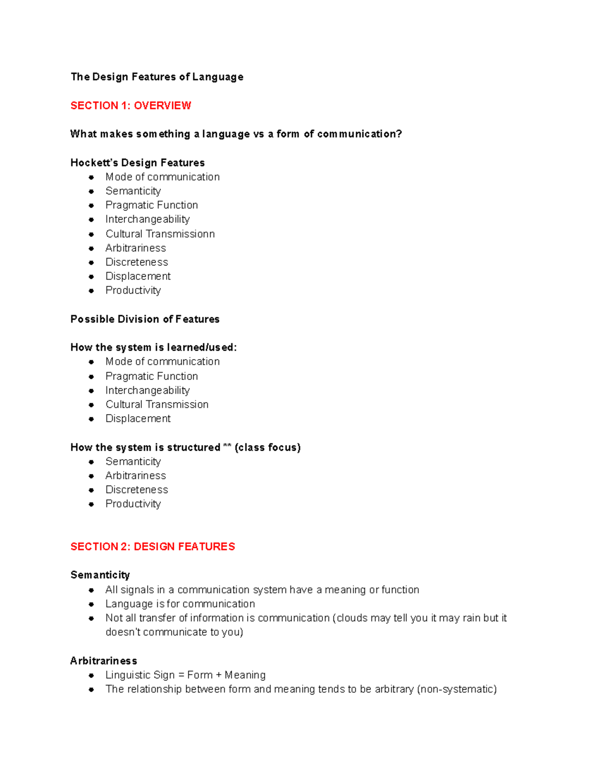 Linguistics Lec 4 Design Feature And Practice The Design Features Of Language Section 1