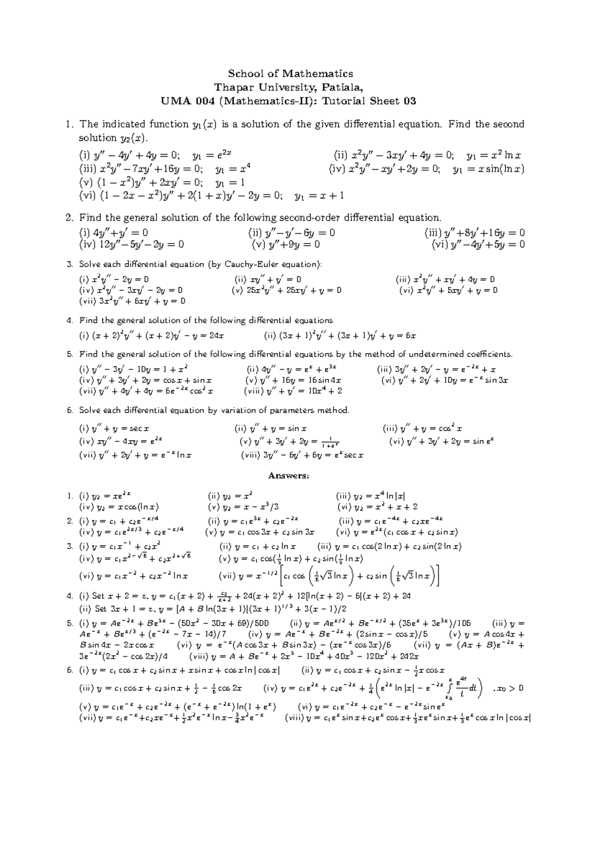 Tutorial sheet 3 - School of Mathematics Thapar University, Patiala ...