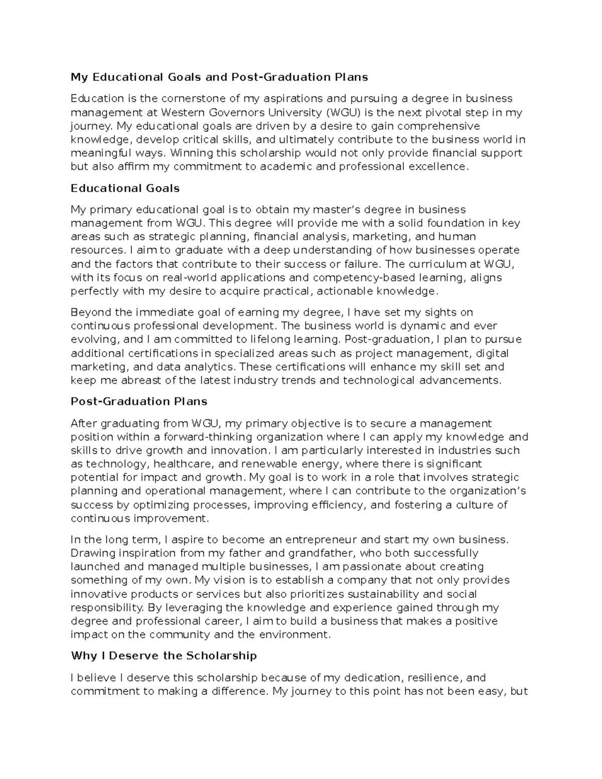 Scholarship Essay - My Educational Goals and Post-Graduation Plans ...