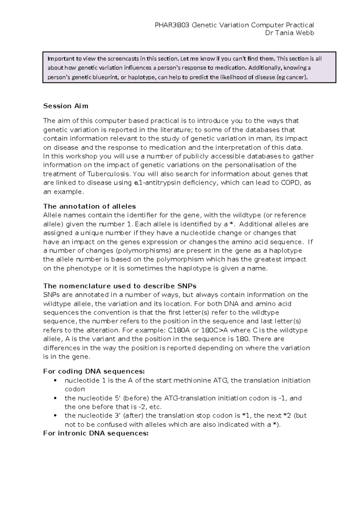 PHAR3803 Genetic variation computer practical handout - for LZ1 ...