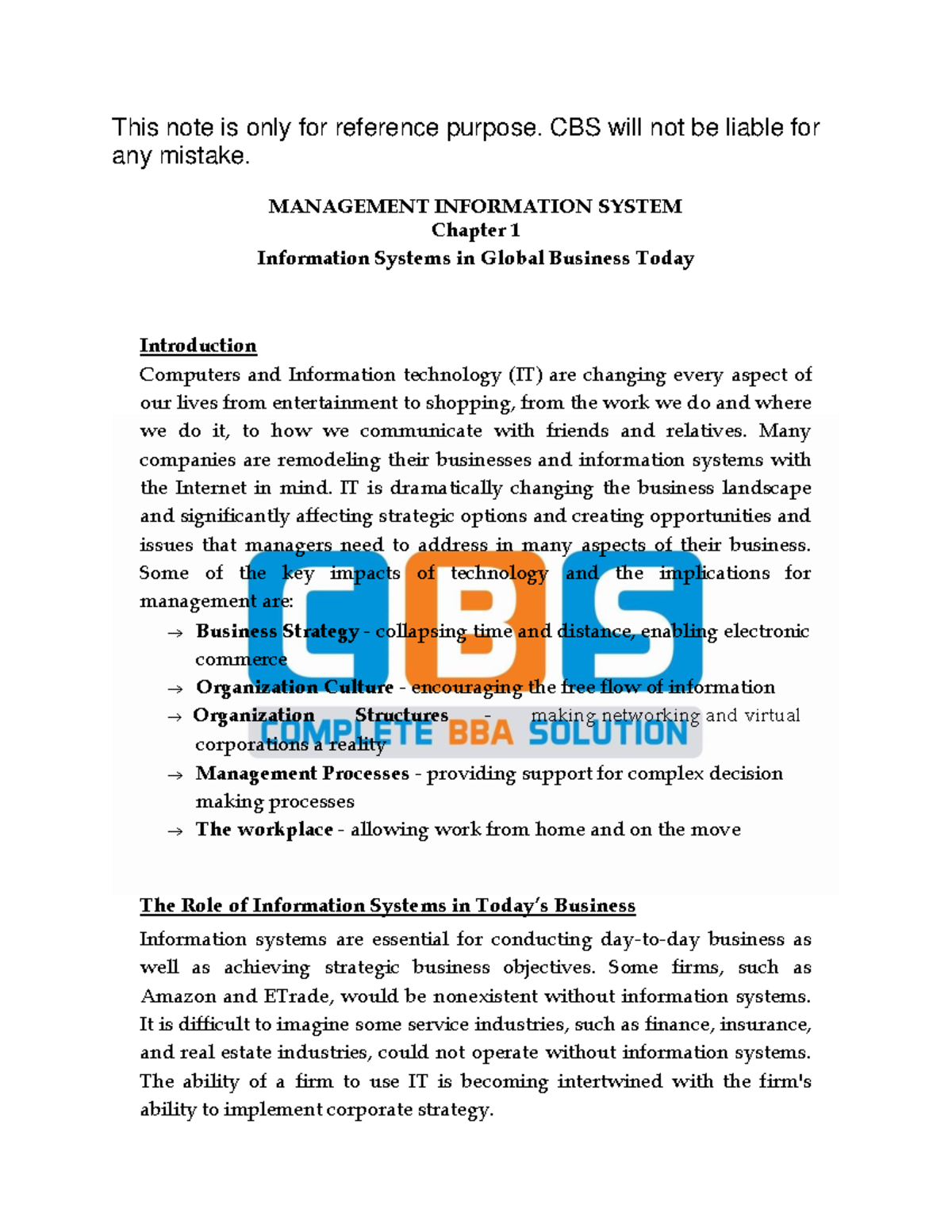 BBA 3rd Semester - MIS- 1,2,3,5,6,7 Chapter Note - This note is only ...