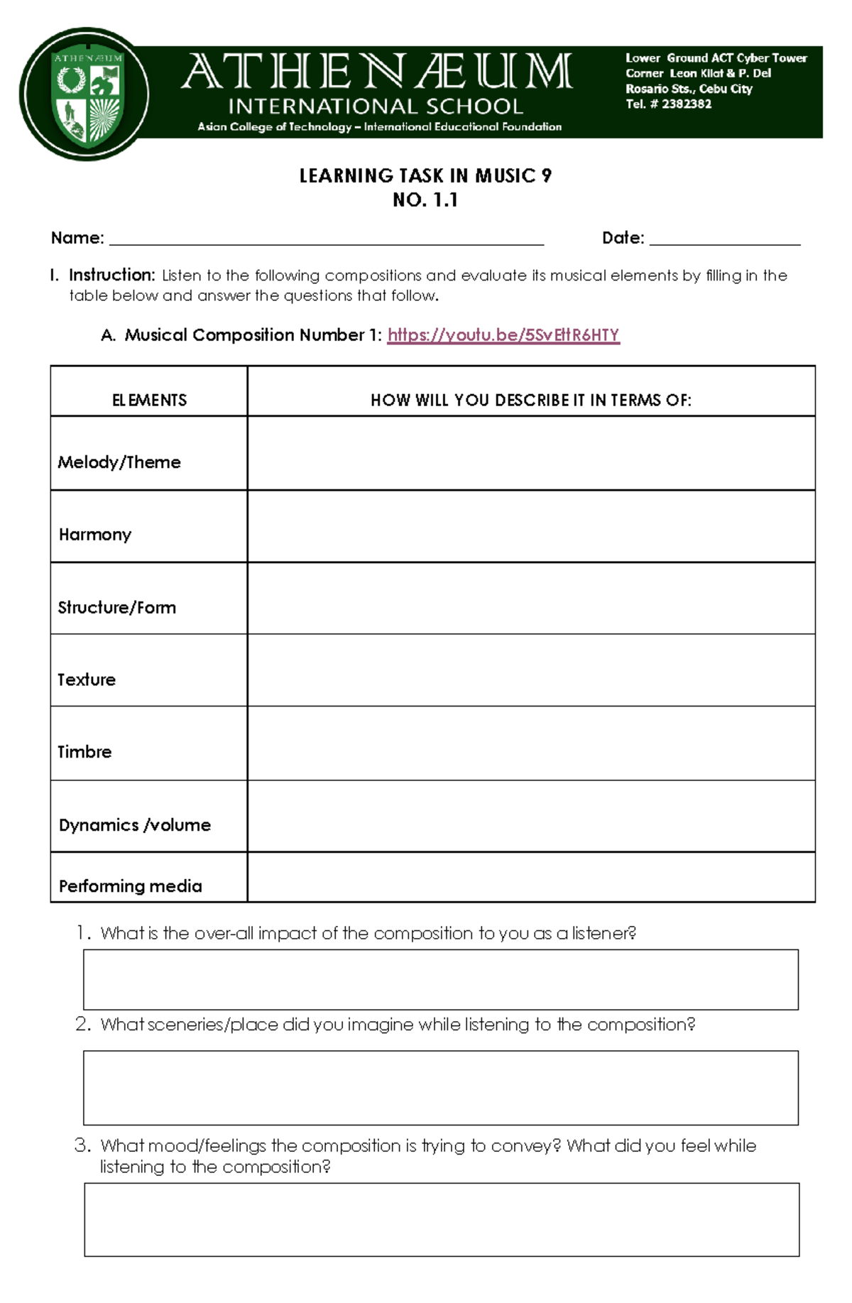 Learning TASK IN Music 9 - LEARNING TASK IN MUSIC 9 NO. 1. Name: - Studocu