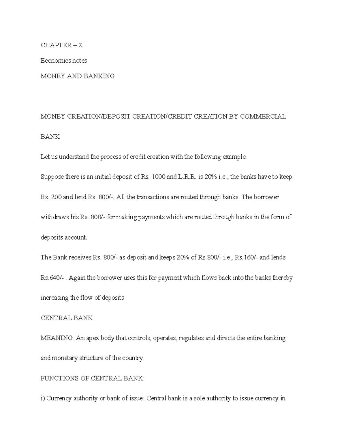 Chapter – 2 Economics Notes 3 - CHAPTER – 2 Economics notes MONEY AND ...
