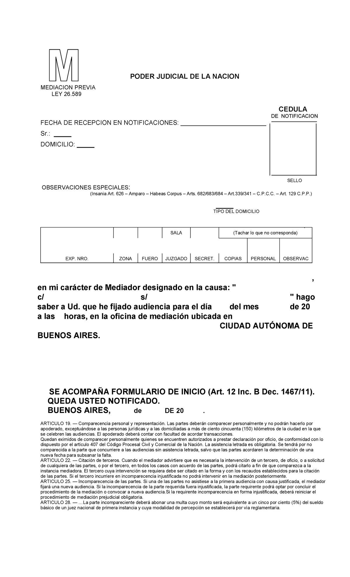 17052214 2 FORM PJNCedula notificacion Mediacion previa Ley 26589 pdf ...