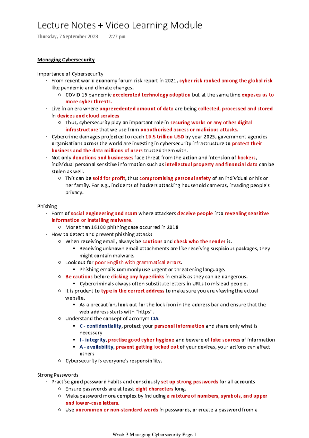 Week 3 Managing Cybersecurity Lecture Notes Video Learning Module Managing Cybersecurity