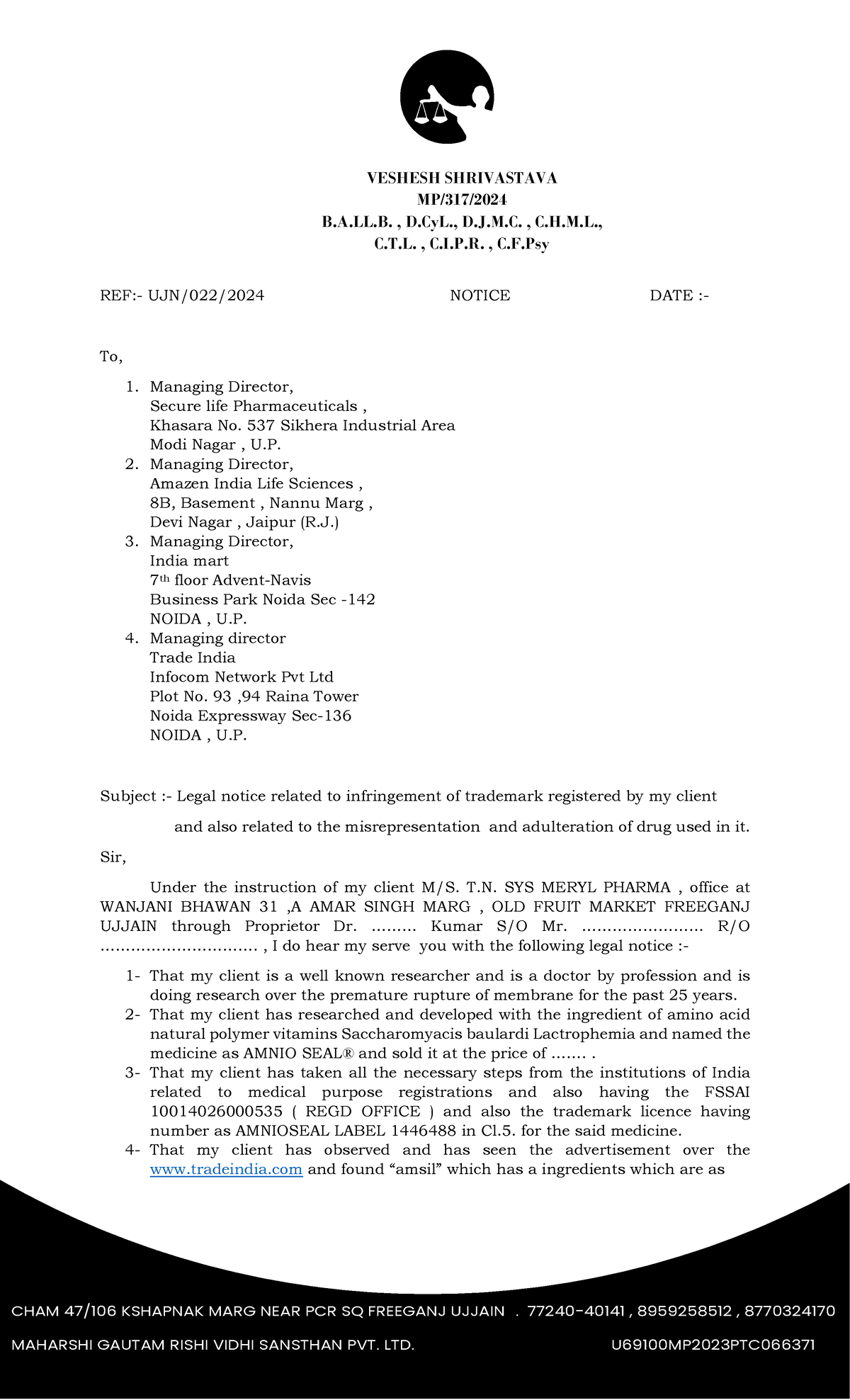 Notice INF - MP/317/ B.A.LL. , D., D.J.M. , C.H.M., C.T. , C.I.P. , C.F ...