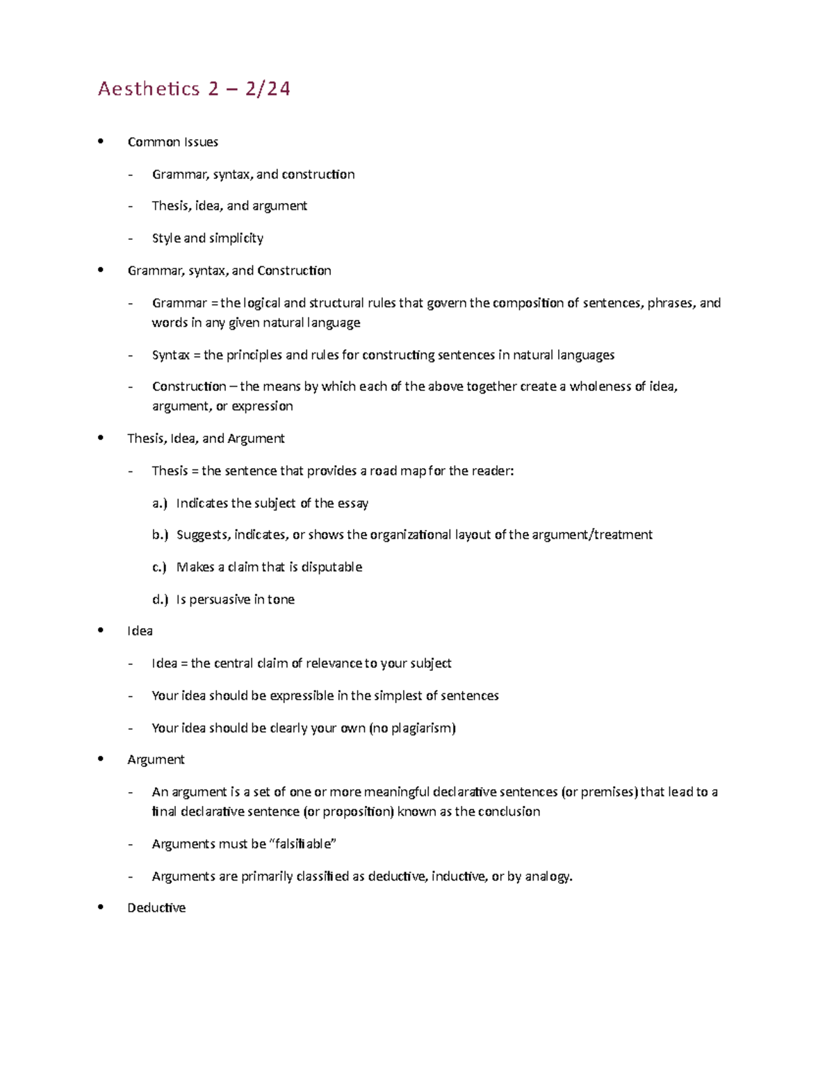 Aesthetics 2 – February 24th Lecture - Aestheti cs 2 Common Issues ...