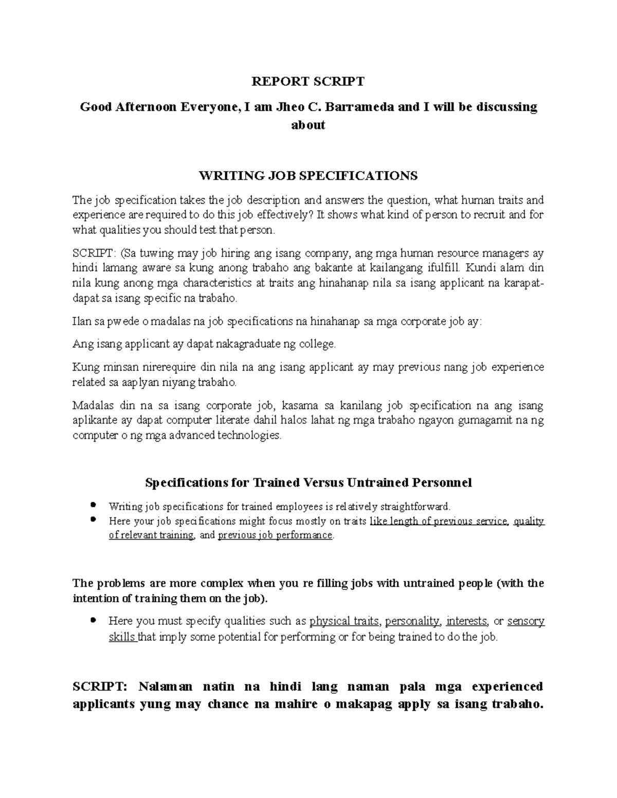 Writing JOB Specifications - Human Resource Management - Studocu