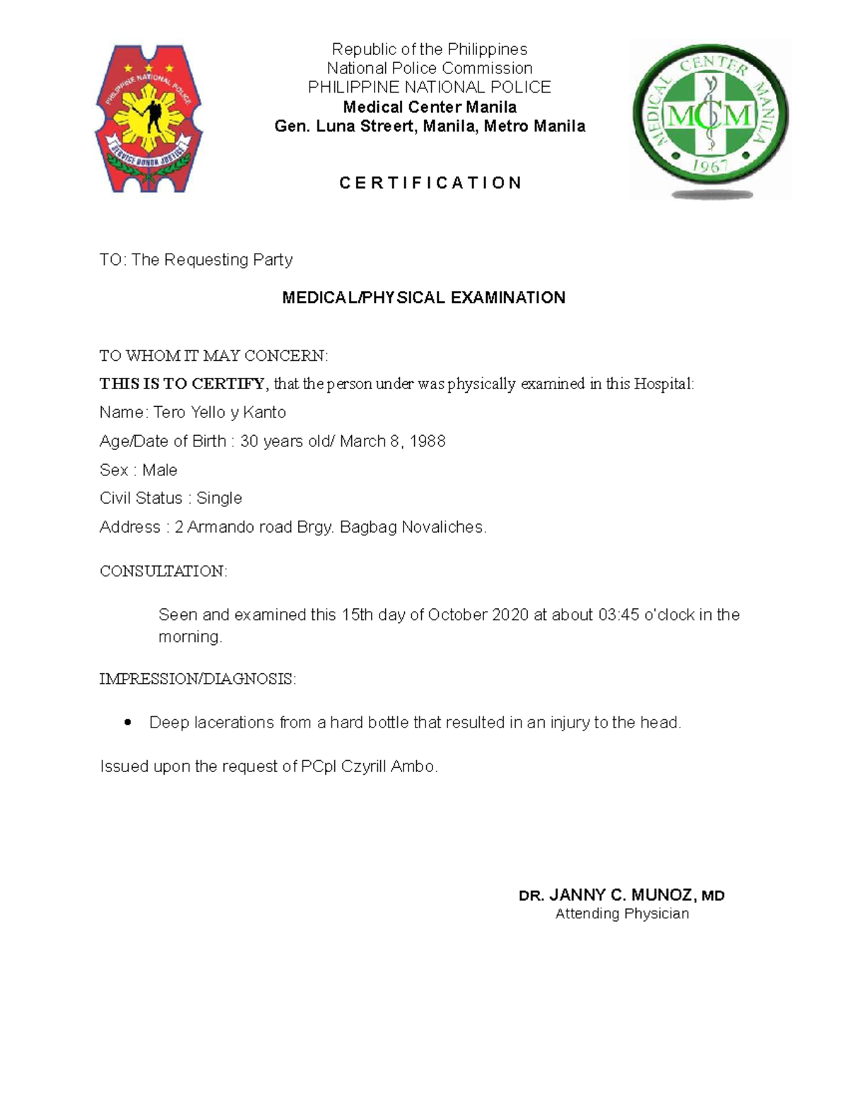 Med Cert Suspect - Criminology (CRIM01) - Republic of the Philippines ...