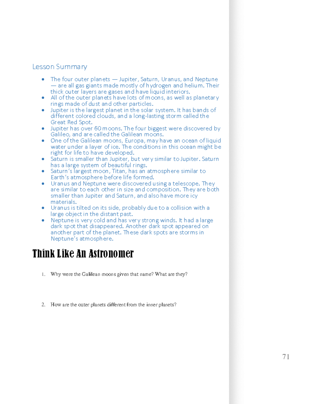 Earth Science - Lesson Summary The four outer planets — Jupiter, Saturn ...