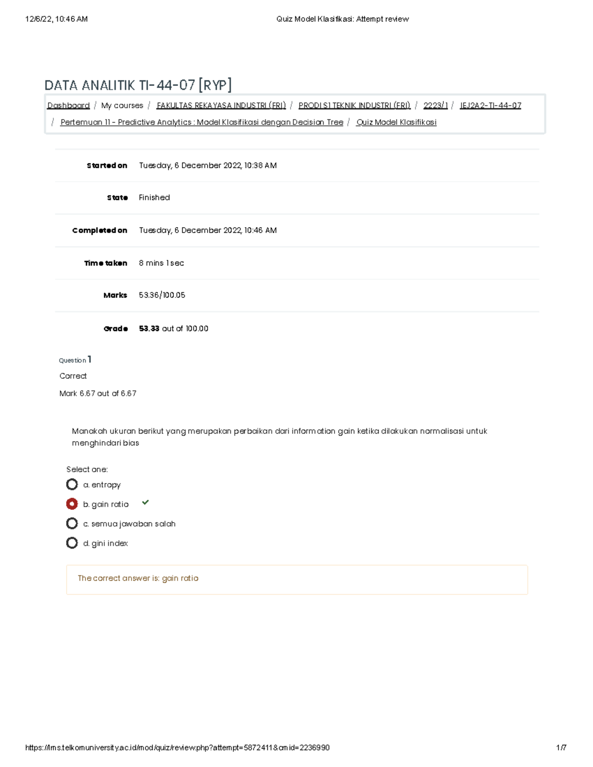 Quiz Model Klasifikasi Attempt review - DATA ANALITIK TI-44-07 [RYP] Dashboard / My courses ...