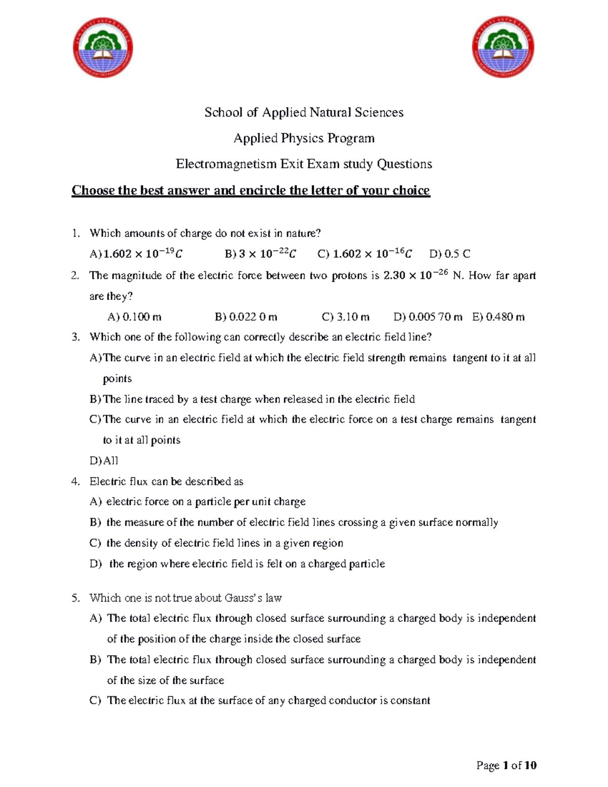Electromagnetism 2 study Exit Exam 2023-1 - School of Applied Natural Sciences Applied Physics ...
