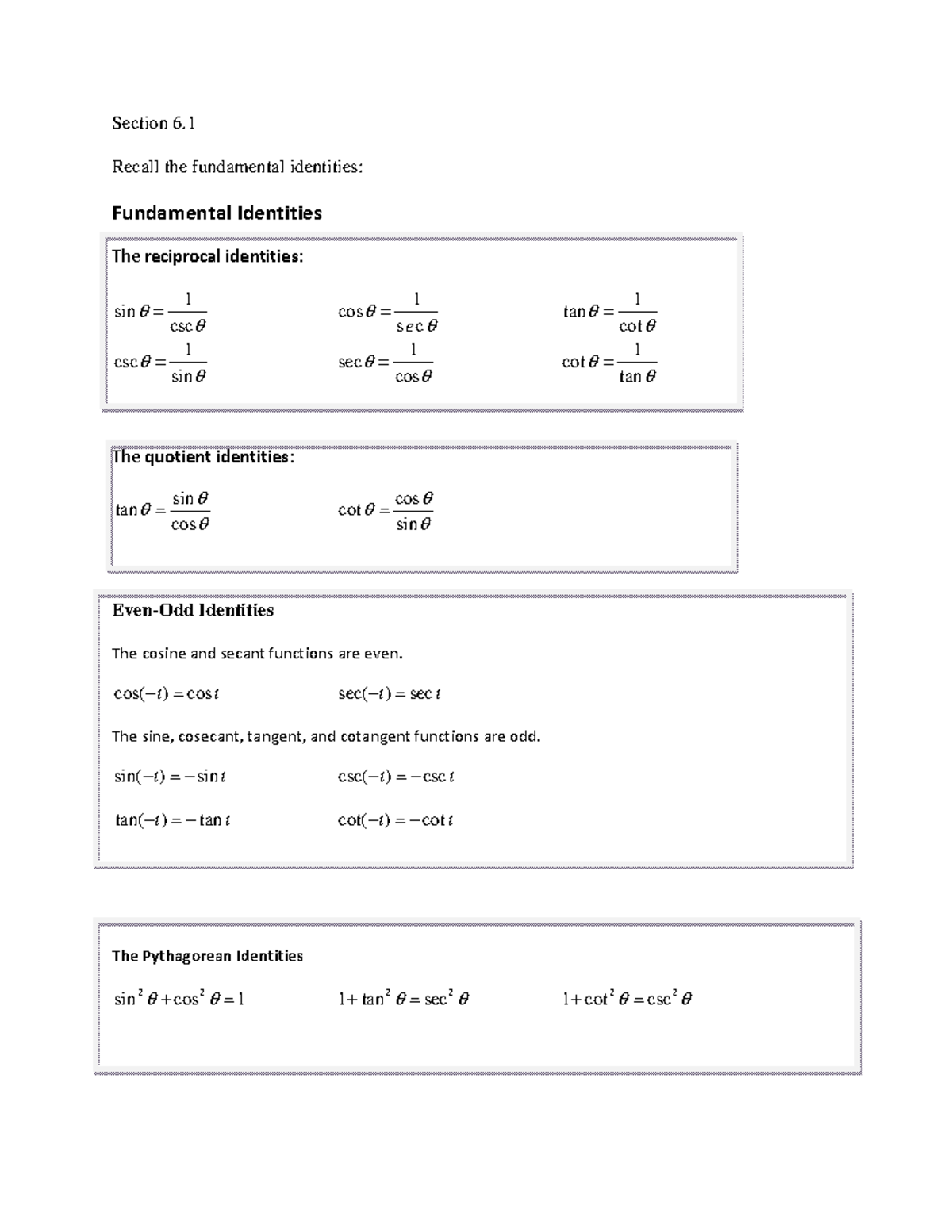Trigonometry Lecture Notes part2 - Section 6. Recall the fundamental ...