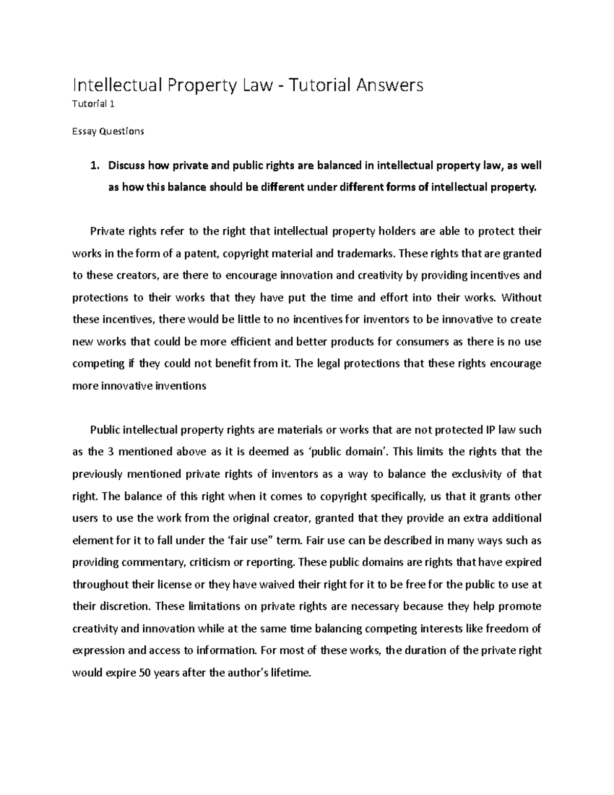 Intellectual Property Law - Tutorial Answers - Discuss how private and ...