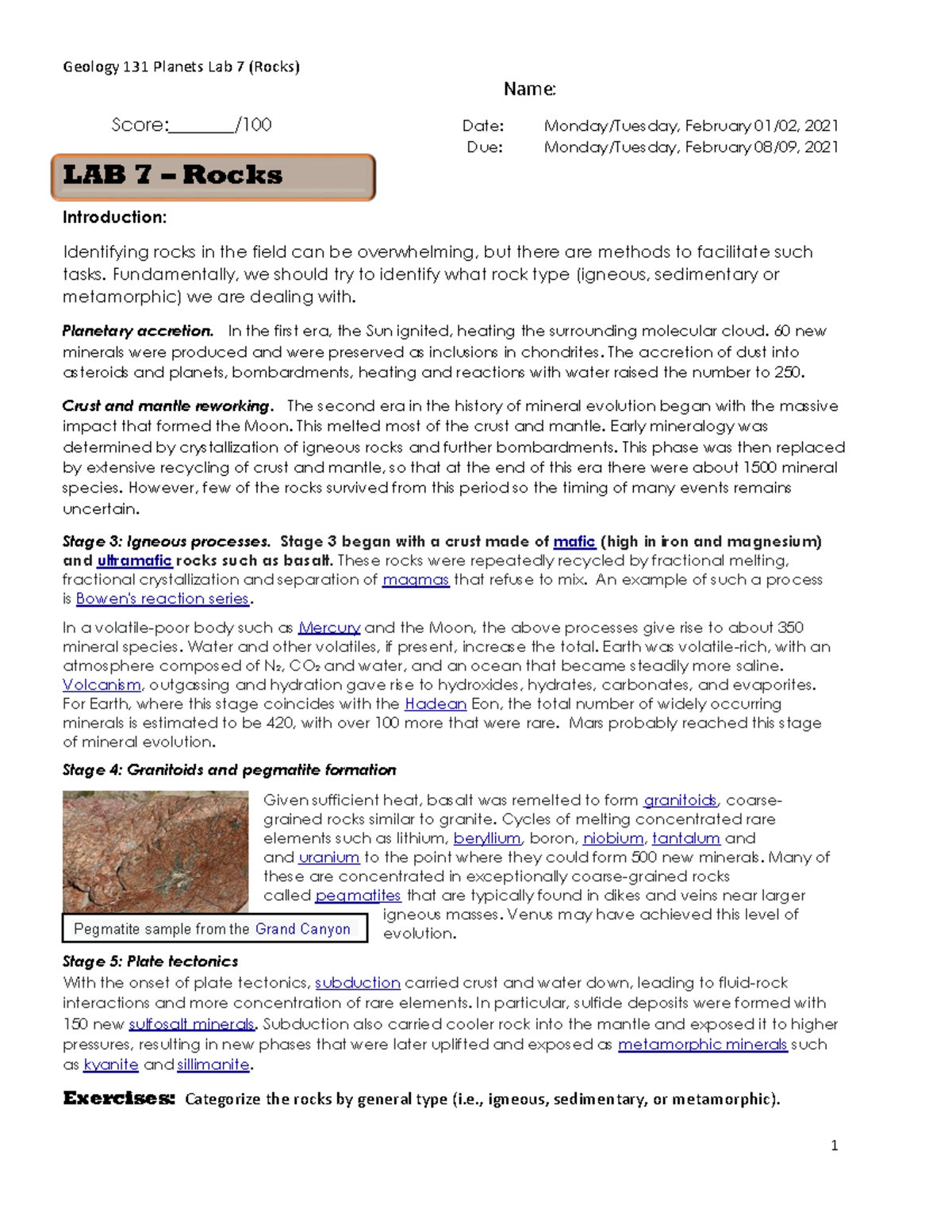 Identification of rocks in the field of geology - Geology 131 Planets ...