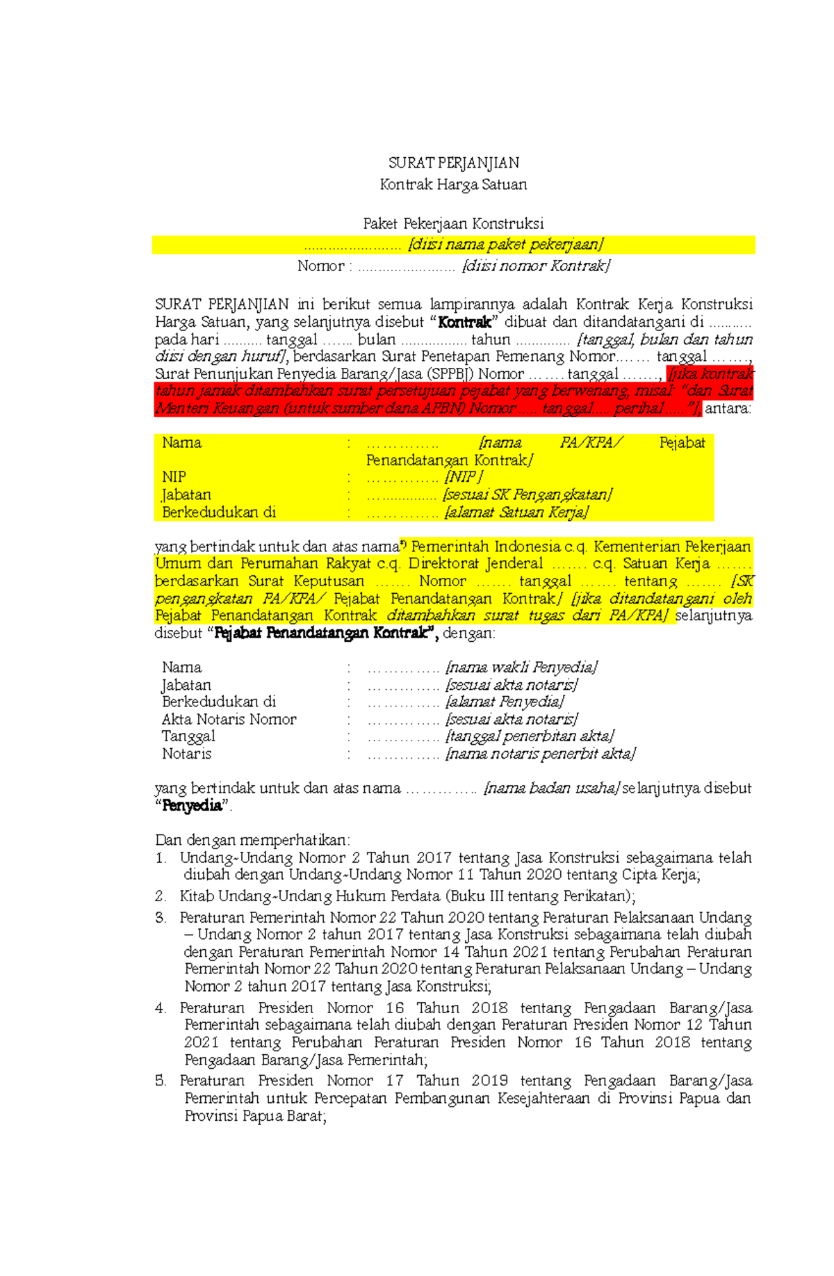 Draf kontrak - SURAT PERJANJIAN Kontrak Harga Satuan Paket Pekerjaan ...
