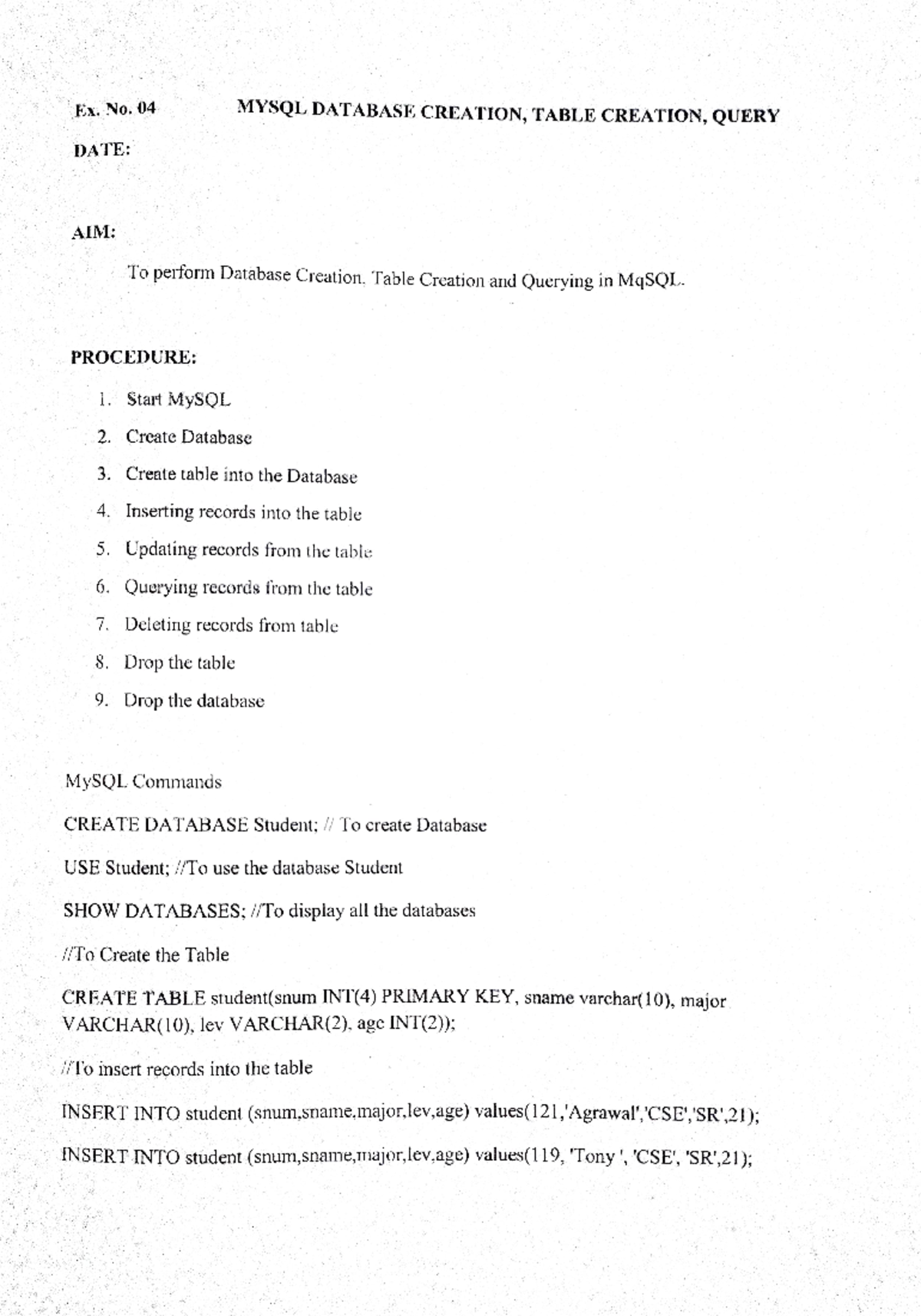 4. Mysql database creation, Table creation and querying. pdf - Ex. No ...