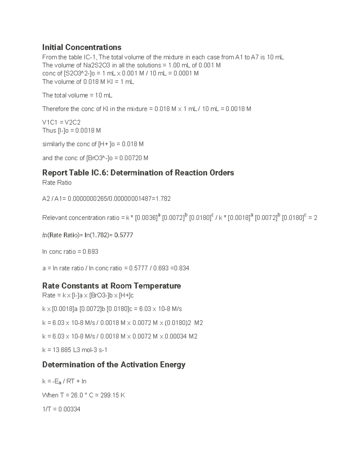 Calculations - Initial Concentrations From the table IC-1, The total ...