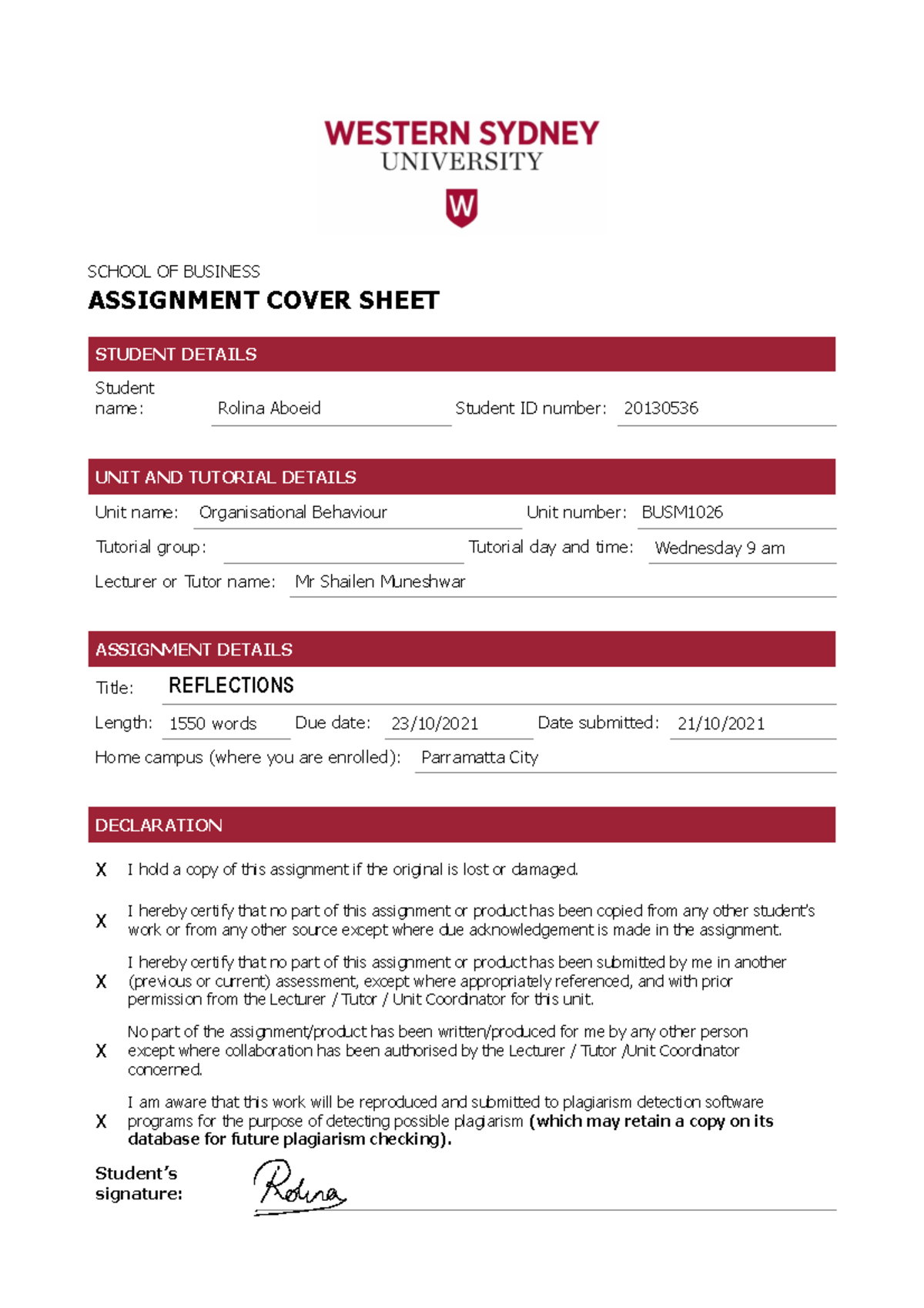 OB reflection - 200585 - UWS - Studocu