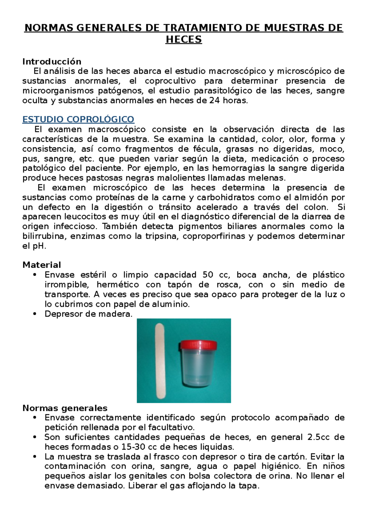 SEM 8 Muestras DE Heces - NORMAS GENERALES DE TRATAMIENTO DE MUESTRAS ...