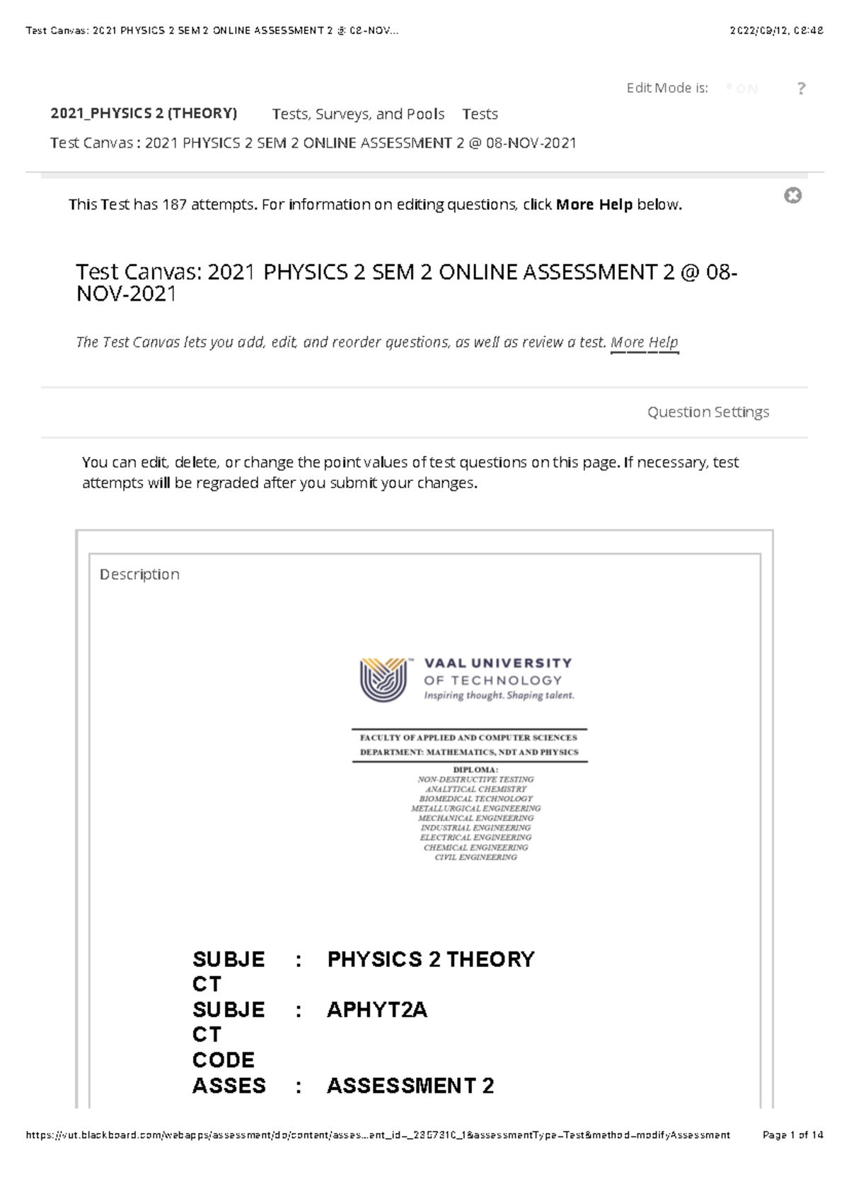 2021 Assessment 2 - TEST 1 PHYSICS2 - - Studocu