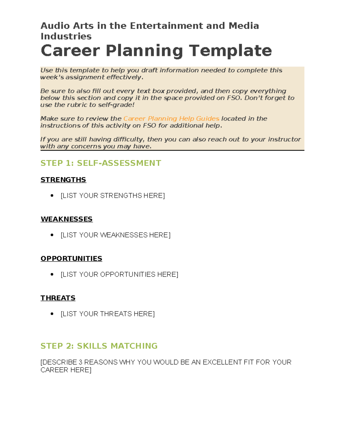 Career Planning Template - Audio Arts in the Entertainment and Media ...