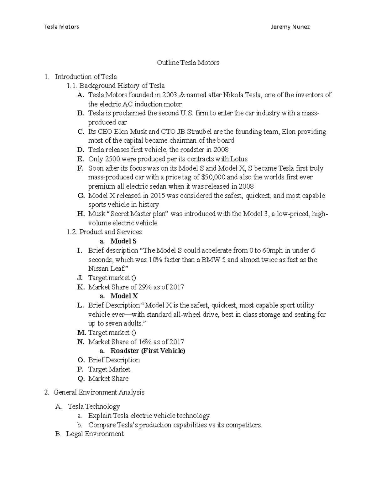 Tesla Case Study Outline - Tesla Motors Jeremy Nunez Outline Tesla ...