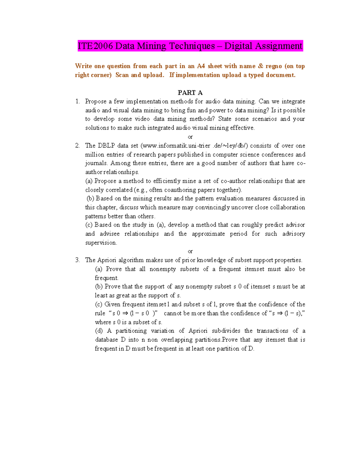 VL2020210503518 DA - Assignment Questions - ITE2006 Data Mining Techniques – Digital Assignment ...