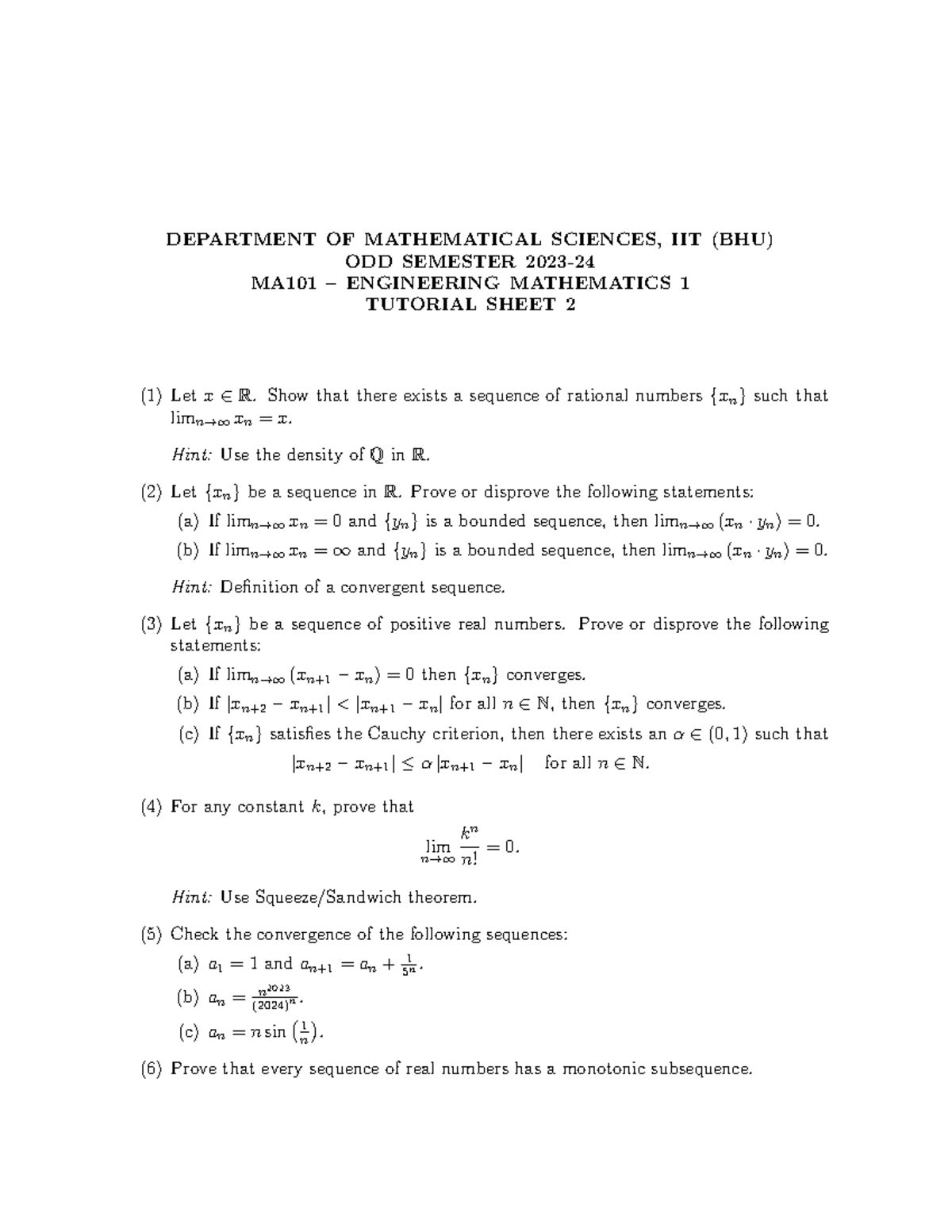 T2 - tutorial work on maths - DEPARTMENT OF MATHEMATICAL SCIENCES, IIT ...
