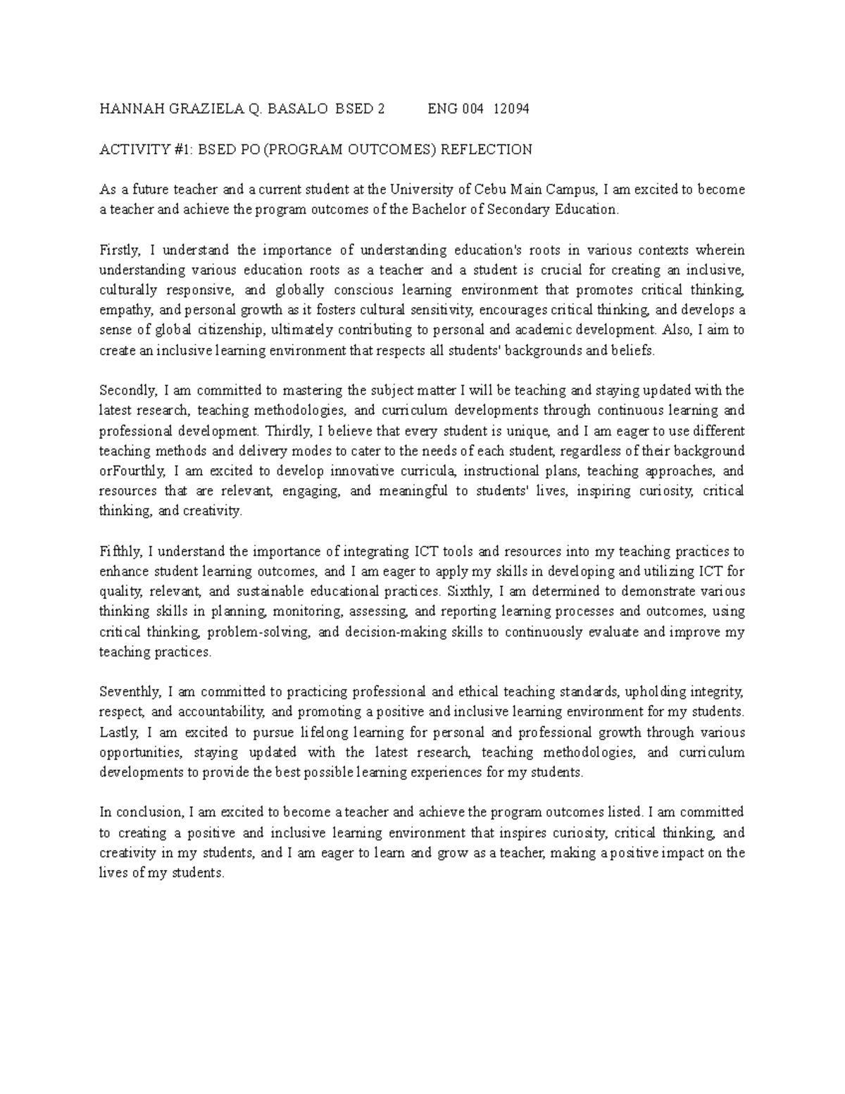 BSED PO Reflection - HANNAH GRAZIELA Q. BASALO BSED 2 ENG 004 12094 ...