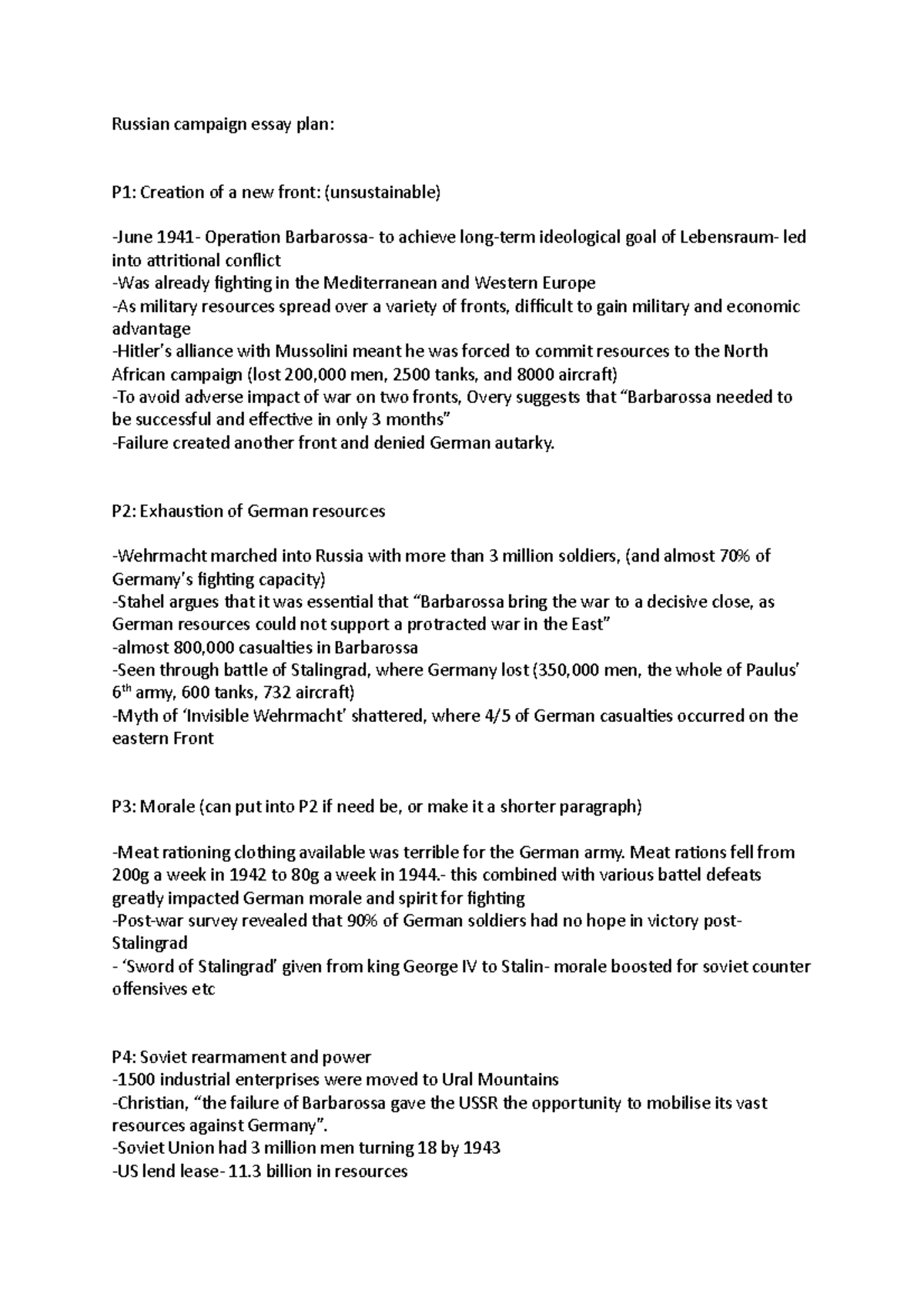 Russian campaign essay plan - P2: Exhaustion of German resources ...