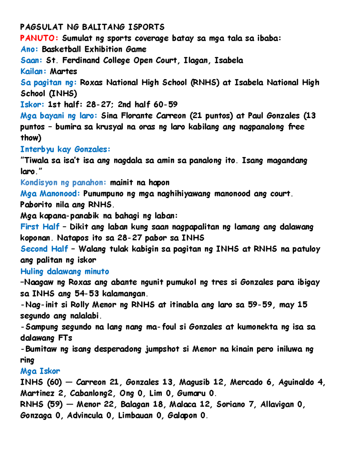 Sports-exercise-filipino - PAGSULAT NG BALITANG ISPORTS PANUTO: Sumulat ...