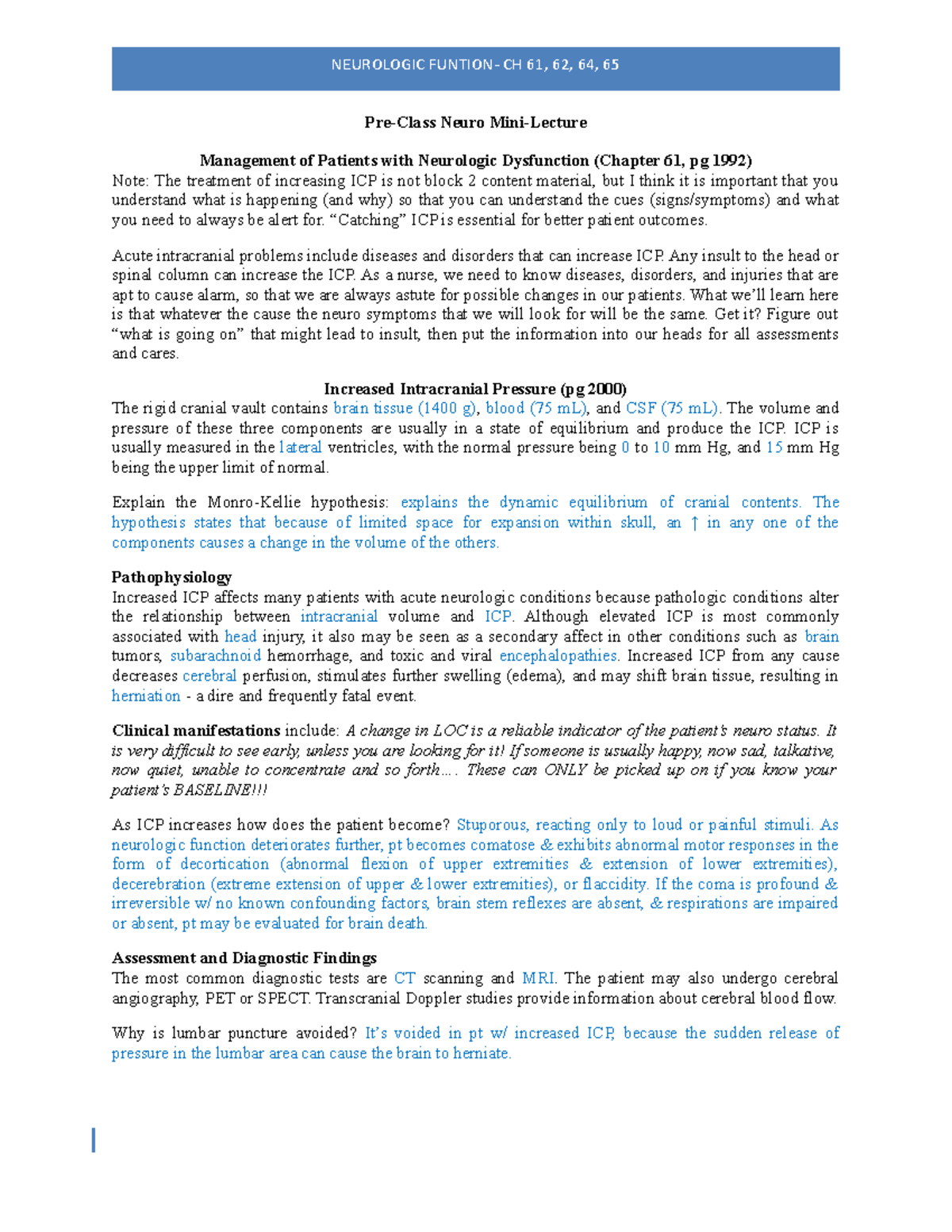 Mini Lecture- Neurologic - Ch 61, 62, 64, 65 - Pre-Class Neuro Mini ...