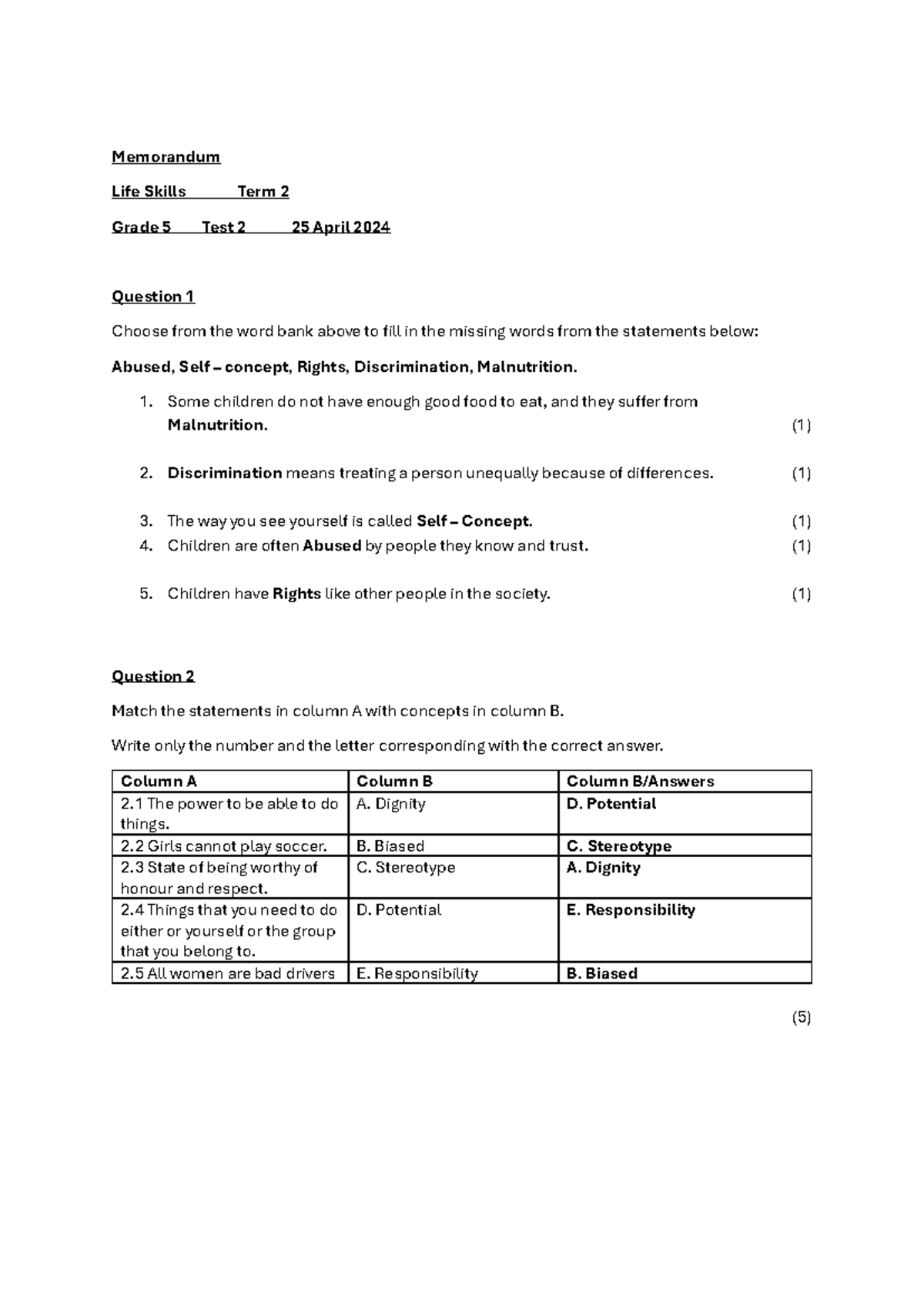 Life Skill Grade 5 Memo - memorundum of class tests - Memorandum Life ...