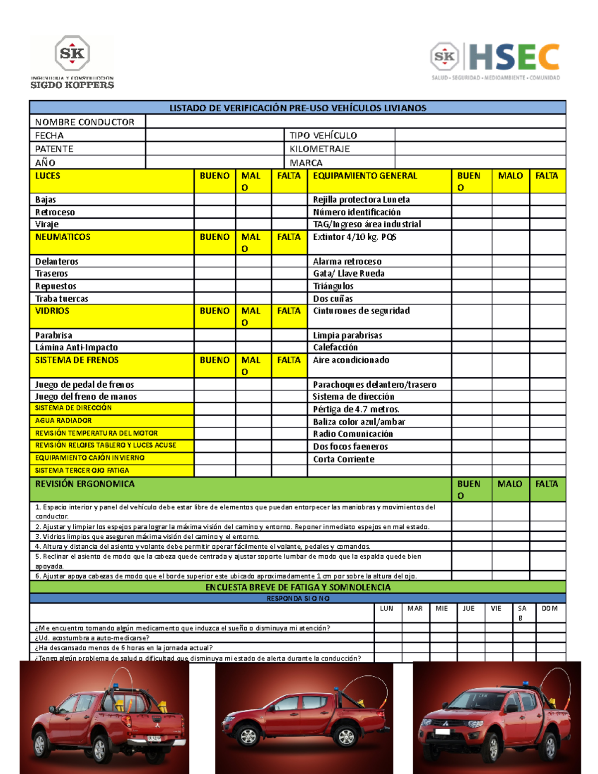 APR-045 Check list camioneta - LISTADO DE VERIFICACIÓN PRE-USO ...