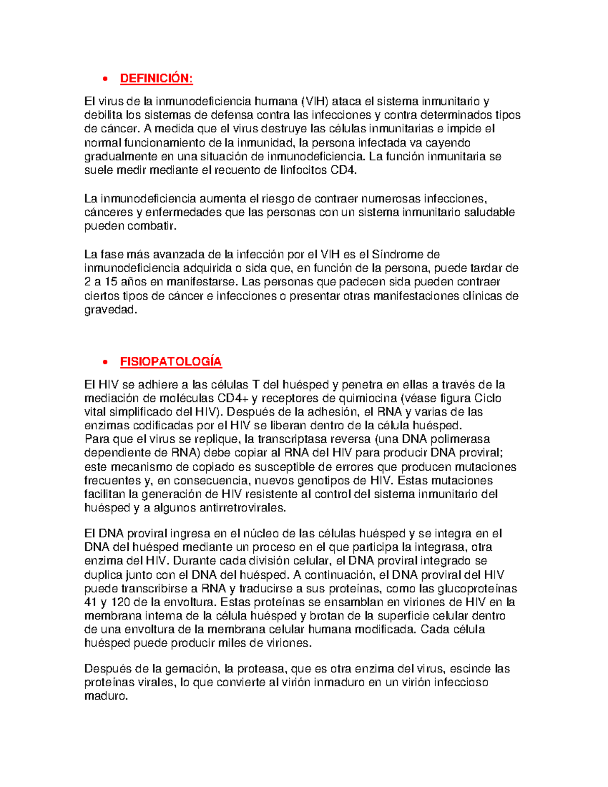 VIH - Resumen - • DEFINICIÓN: El virus de la inmunodeficiencia humana ...